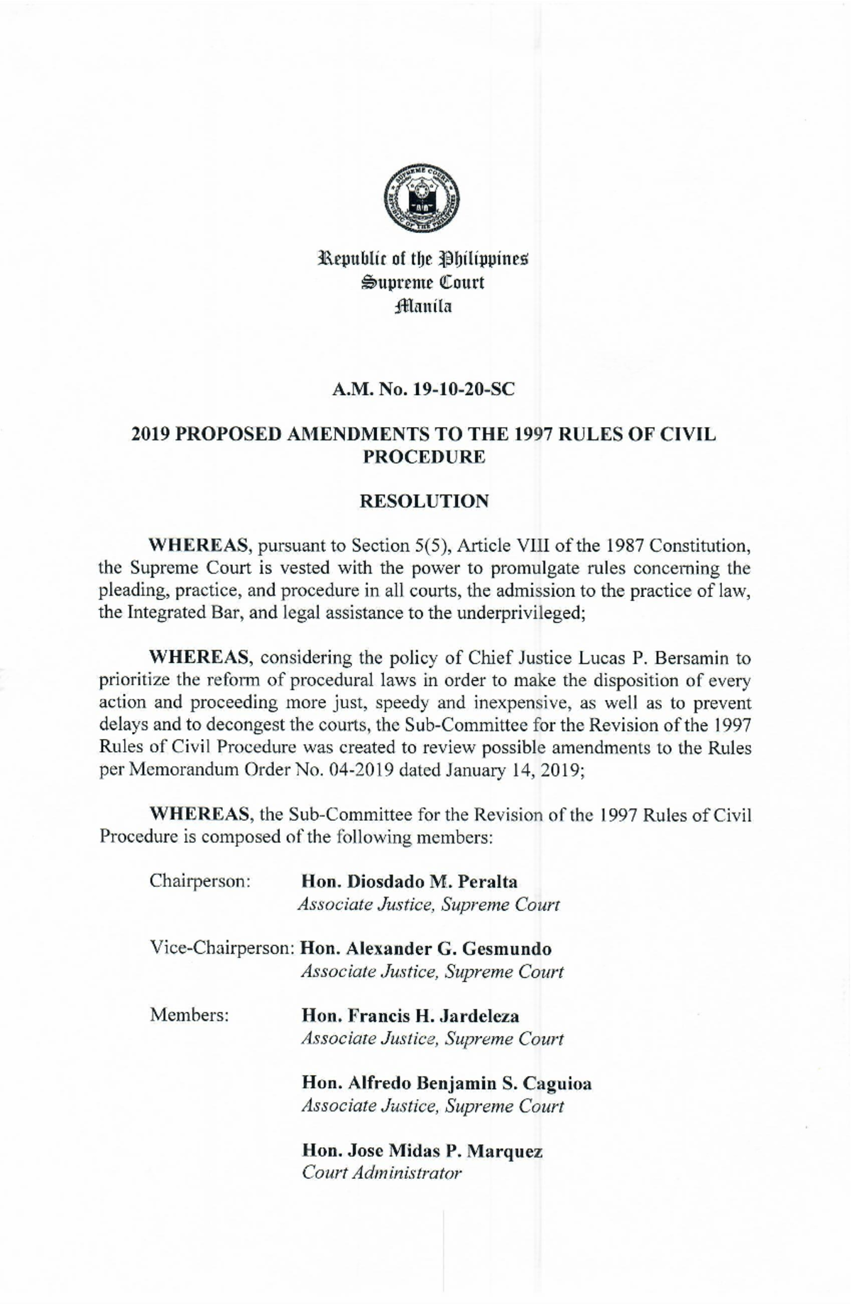 Proposed Amendments to the 1997 Rules of Civil Procedure (A.M. No. 2019 ...