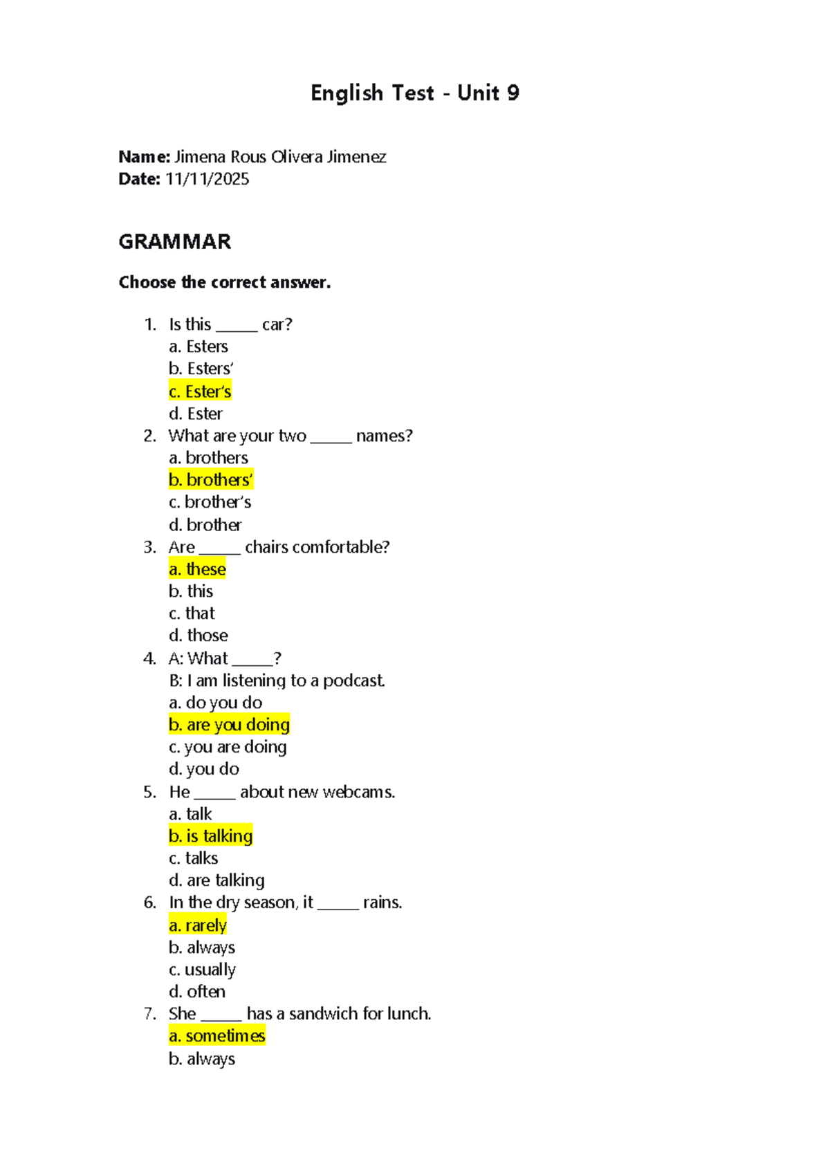Midterm Exam English Test Unit 9 - Grammar & Vocabulary - Studocu