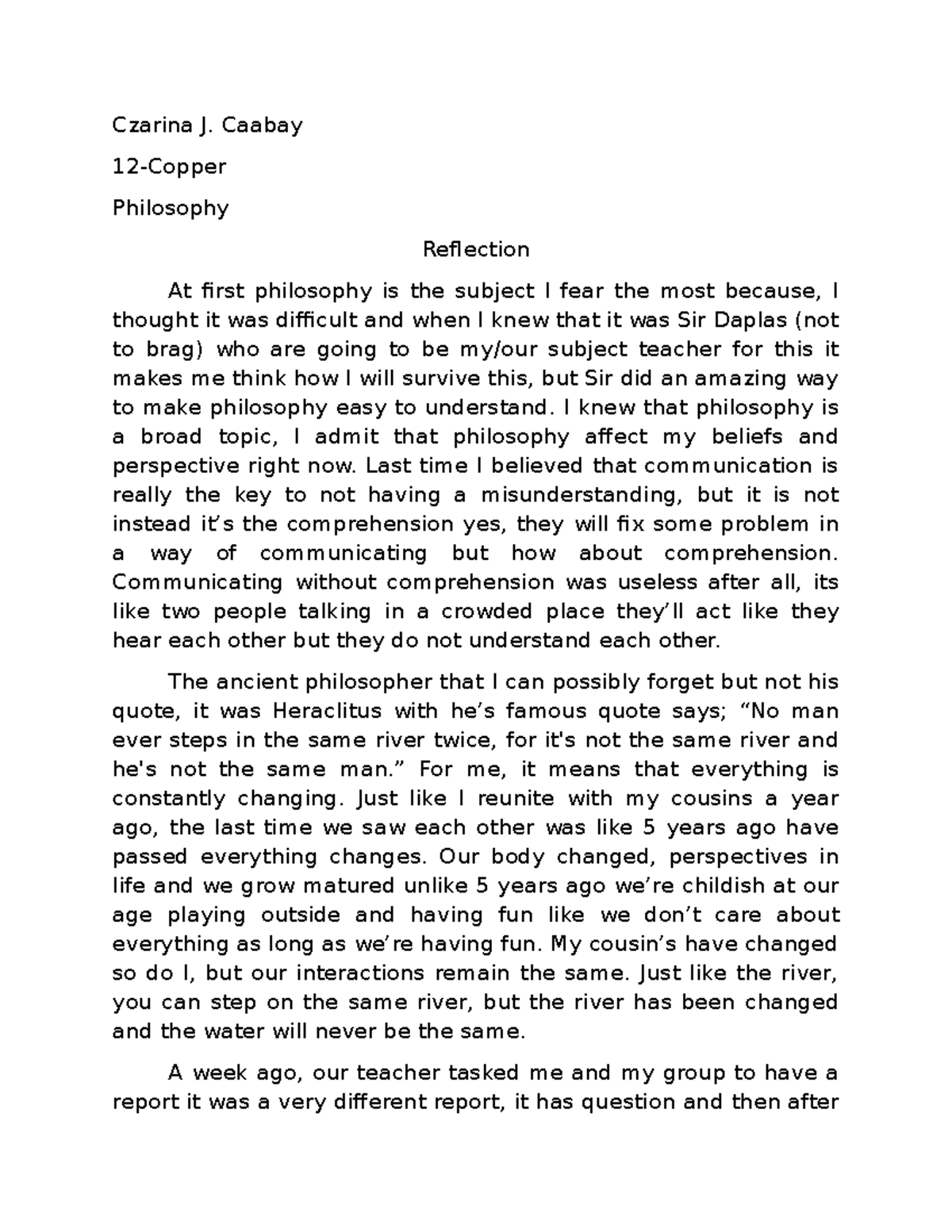 Philo Reflection 1: Insights on Change and Comprehension - Studeersnel