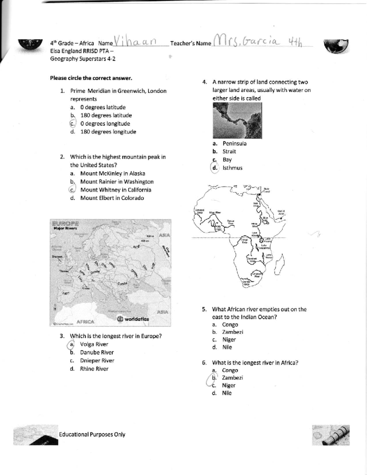 4th Grade Geography Quiz: Africa & Geography Superstars - Studocu