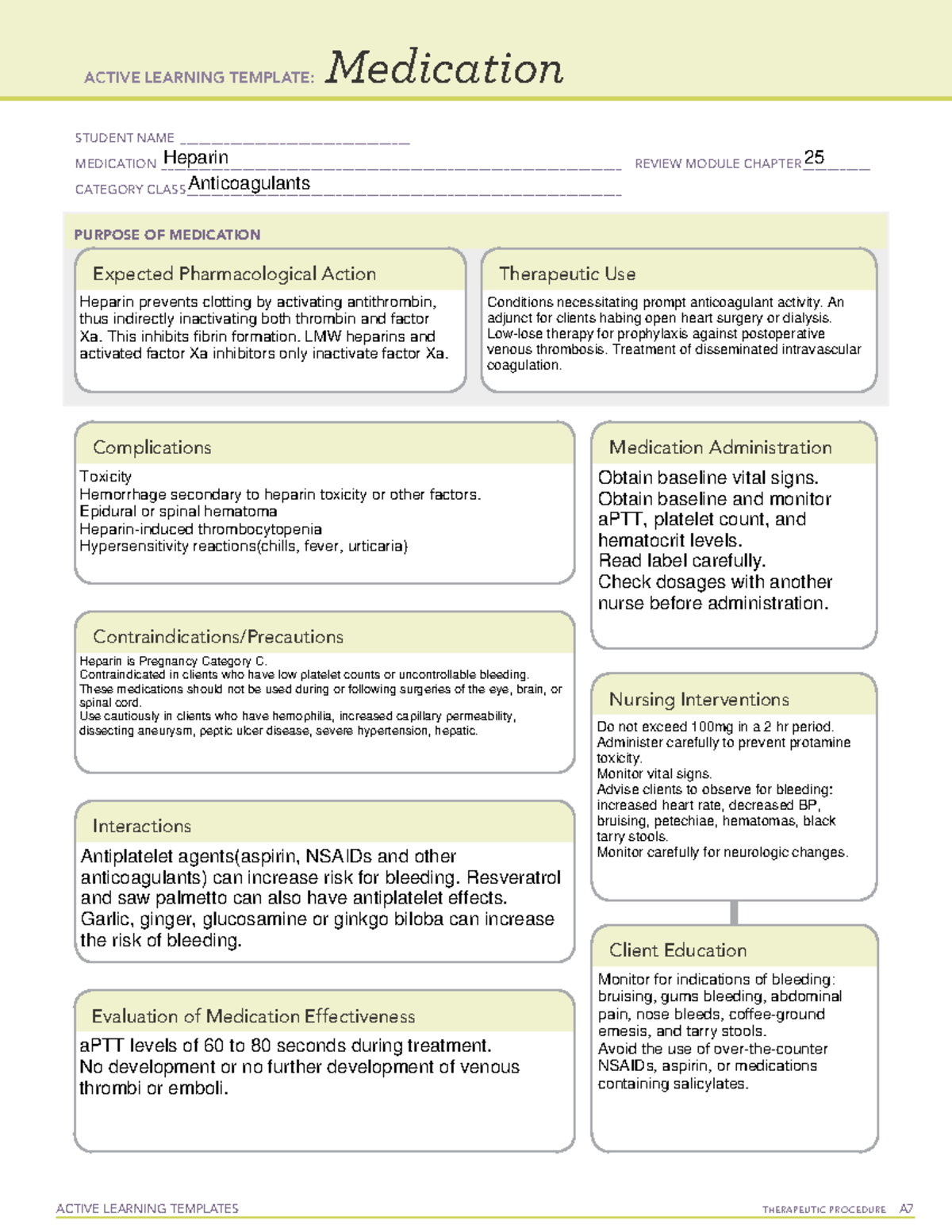 Heparin Overview: Key Nursing Interventions and Patient Education - Studocu