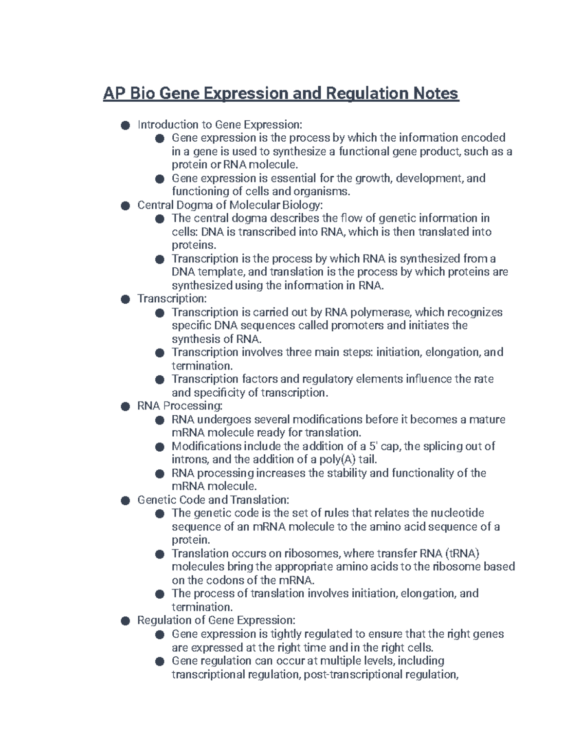 AP Bio Gene Expression and Regulation Notes - Gene expression is ...