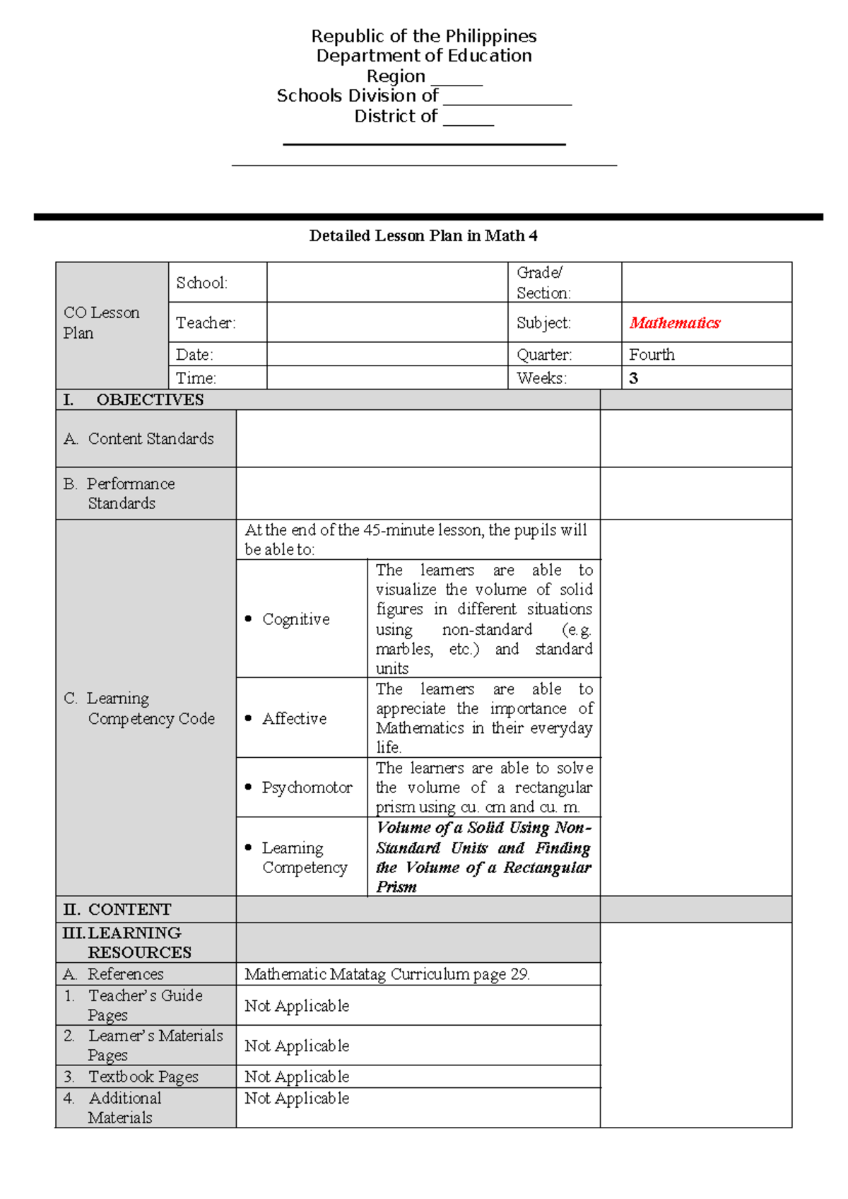 DLP - MATH4 Detailed Lesson Plan on Volume of Solids and Rectangular ...