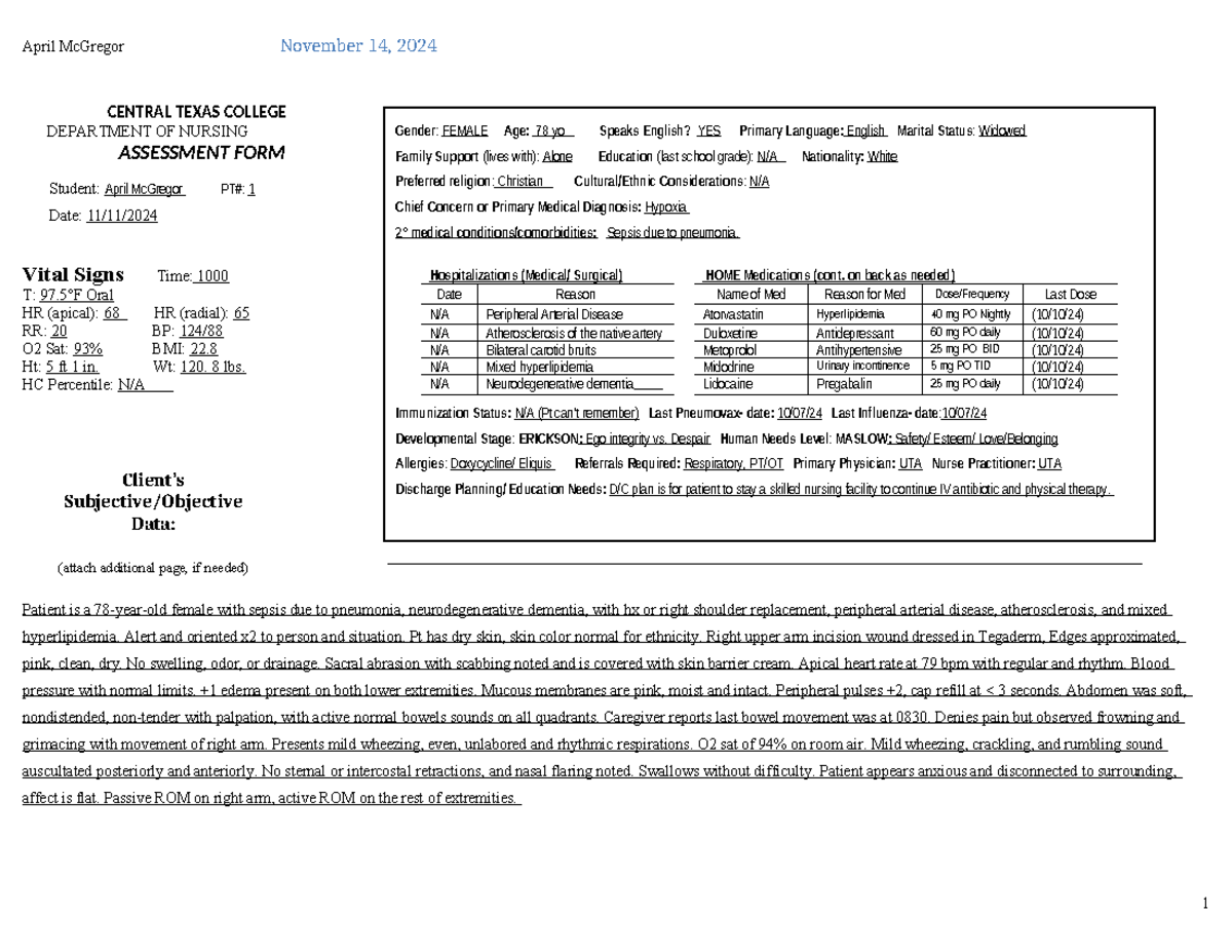 Exemplar - Care plan - Vital Signs Time: 1000 T: 97°F Oral HR (apical ...
