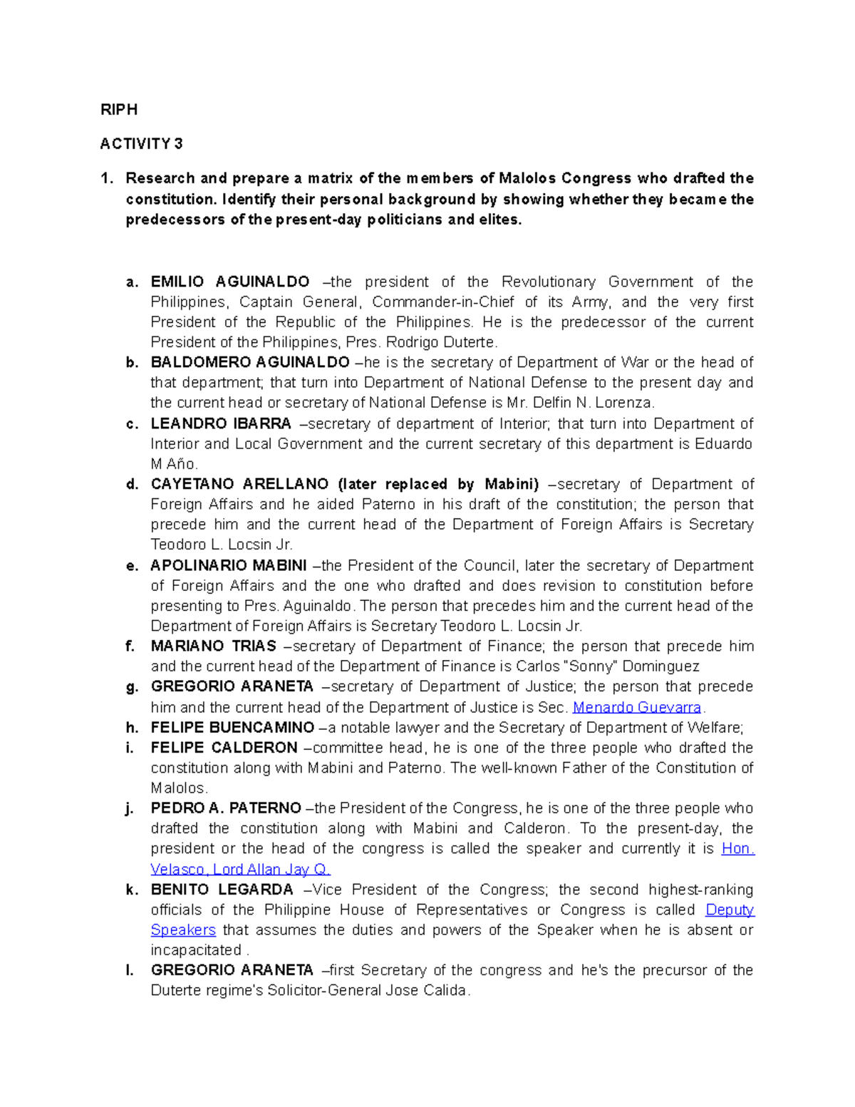 RIPH 3 - N/A - RIPH ACTIVITY 3 1. Research and prepare a matrix of the ...