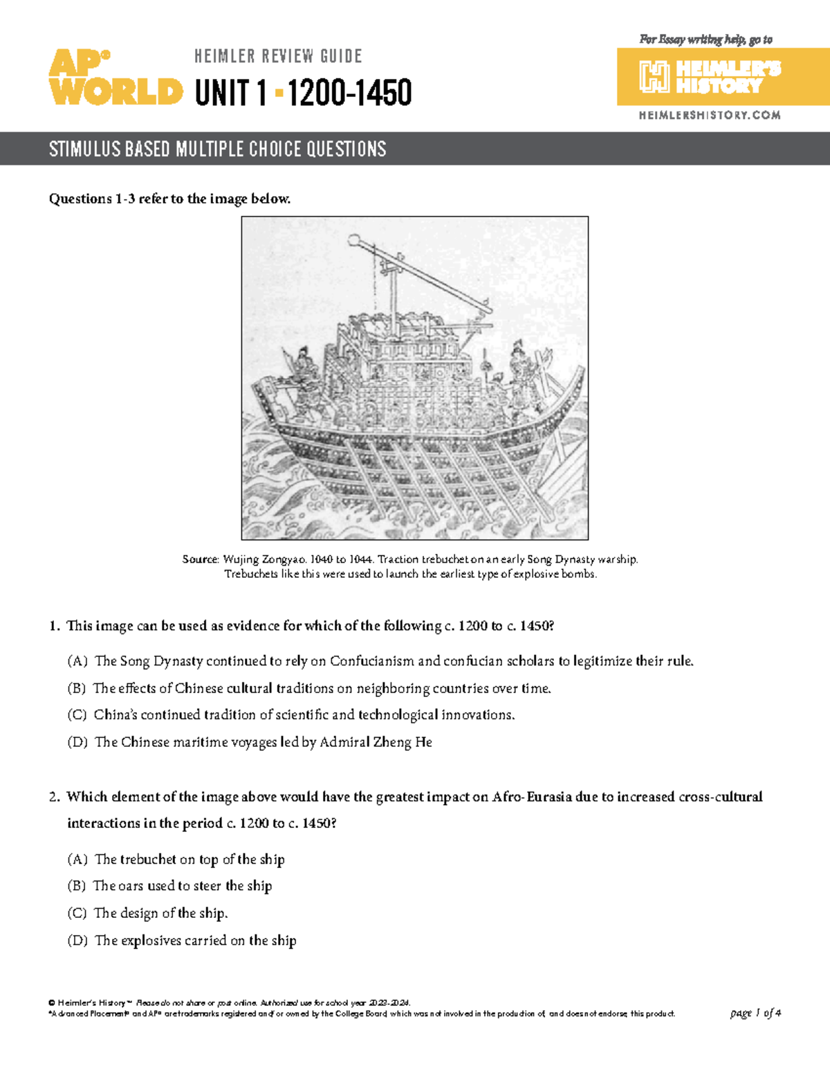 AP World History Review Guide: Unit 1 MCQs (c. 1200-1450) - Studocu