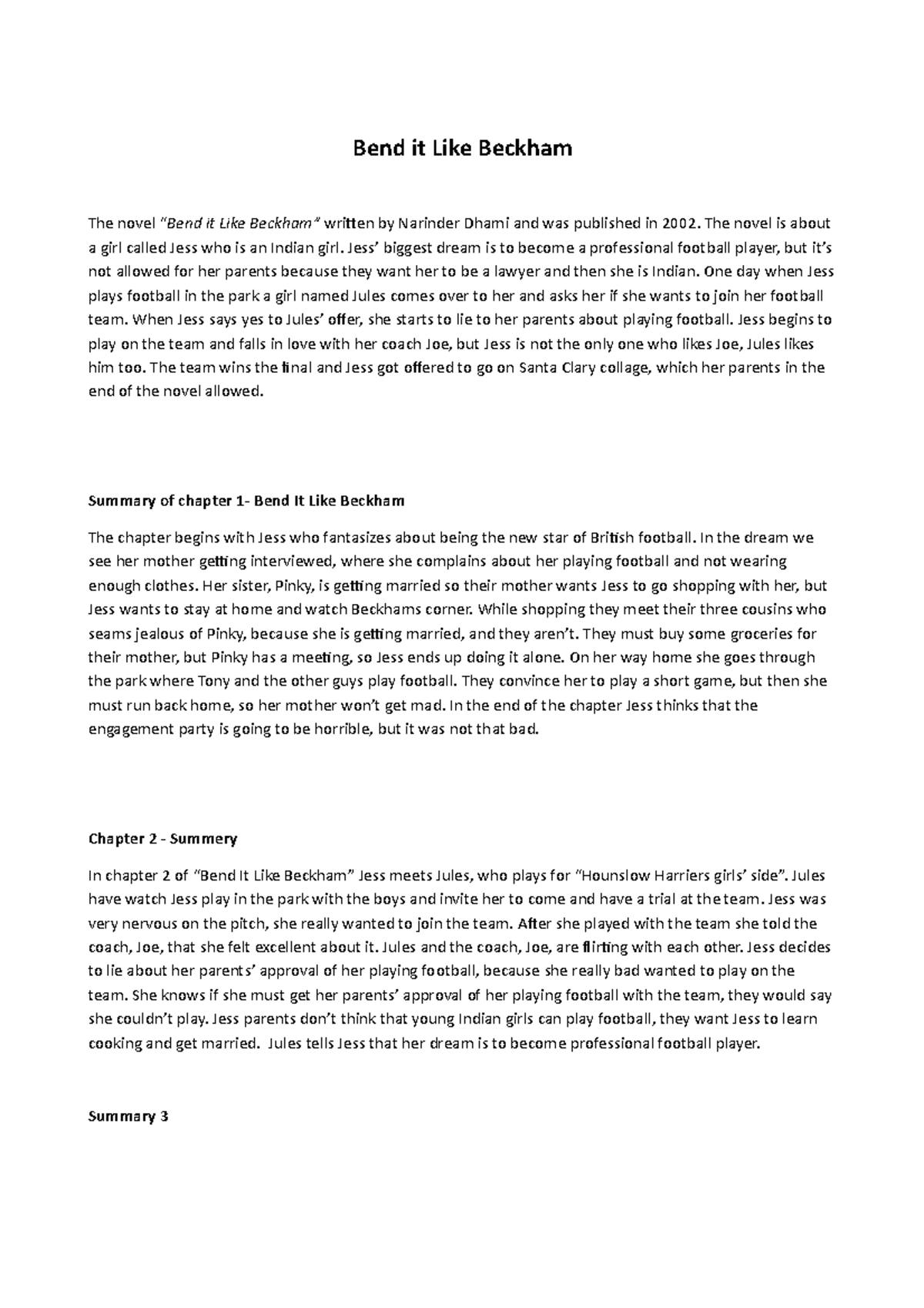 Bend It Like Beckham: Chapter Summaries and Key Themes Analysis - Studocu