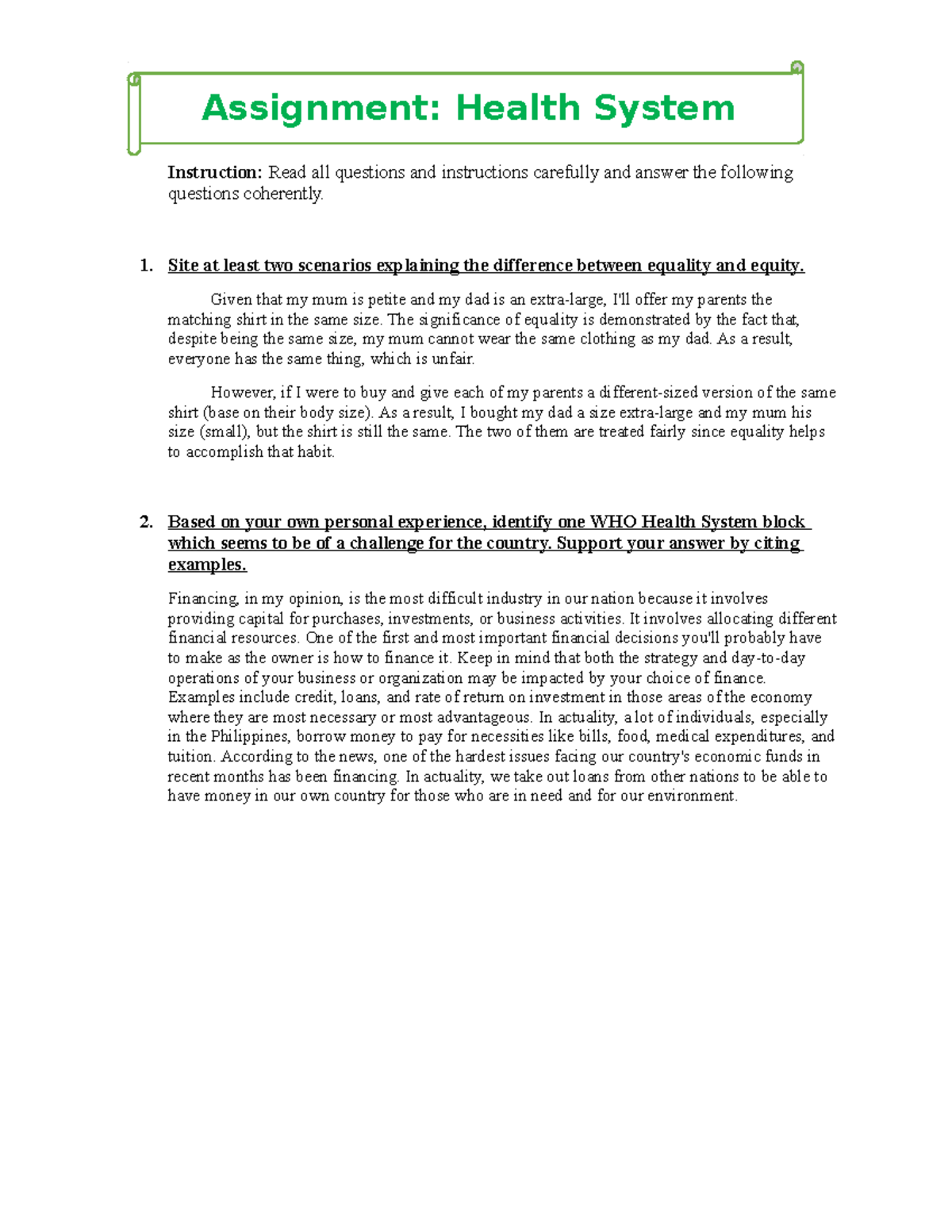 Health System Assignment: Exploring Equality vs. Equity in Healthcare ...