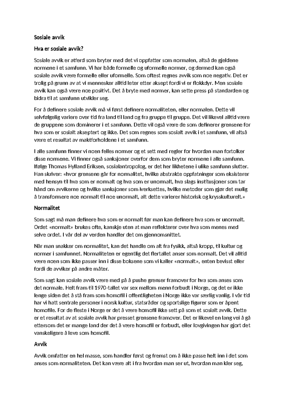 Sosiale avvik: Definisjoner, Normer og Ungdomsopplevelser - Studocu