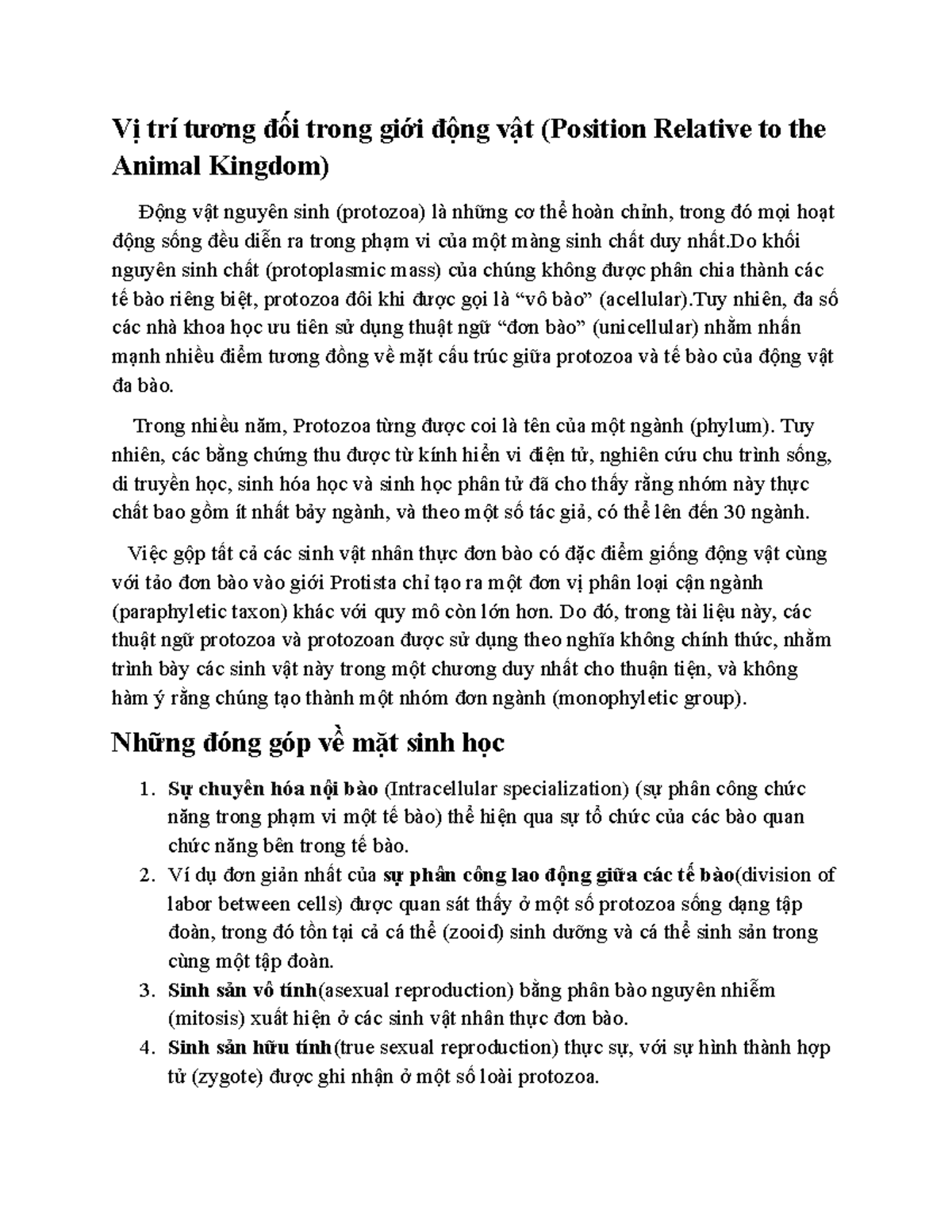Chương về Động vật Nguyên sinh (Protozoa) trong Giới Động vật - Studocu