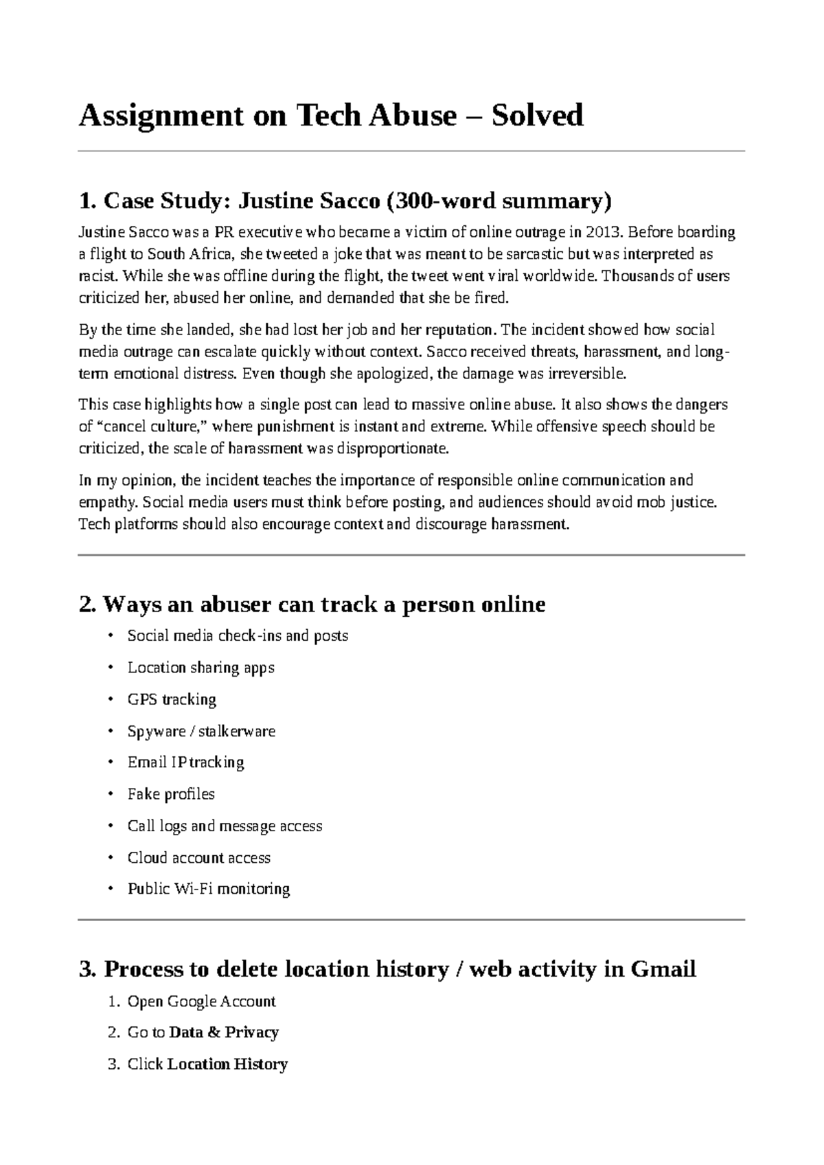 Assignment 4 - Case Study on Tech Abuse and Online Harassment - Studocu