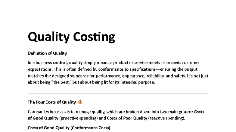 Quality Costing: Understanding Quality in Business Context - Studocu