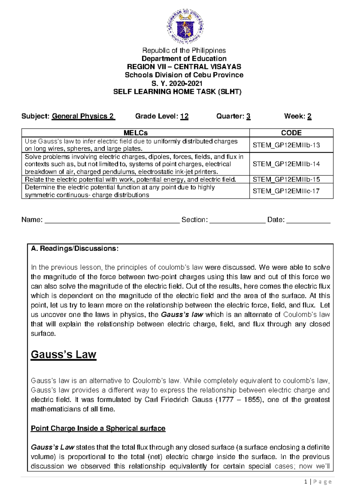 Q3 General Physics 2 Self-Learning Home Task: Electric Fields ...