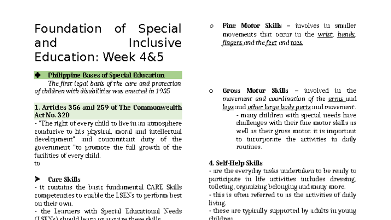 SPED 4&5: Week 4/5 - Foundations of Special Education Skills - Studocu