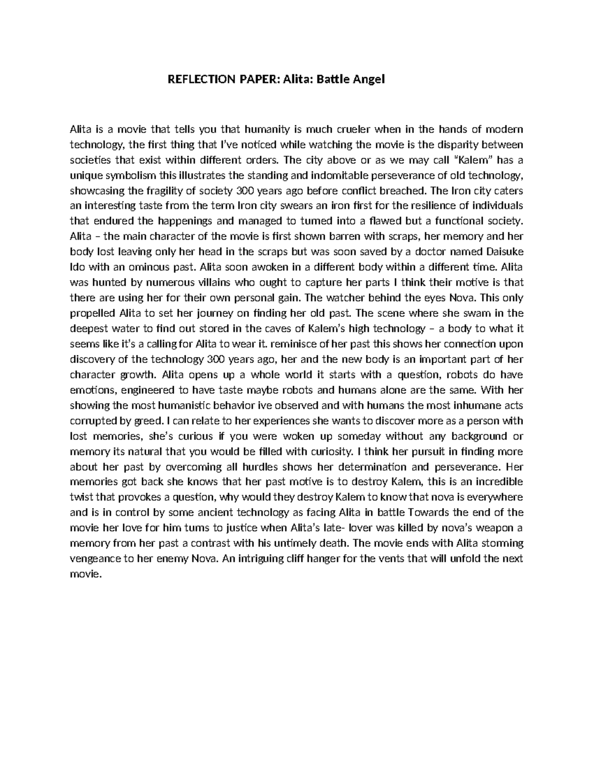 REFLECTION PAPER: Alita: Battle Angel Analysis and Themes - Studocu