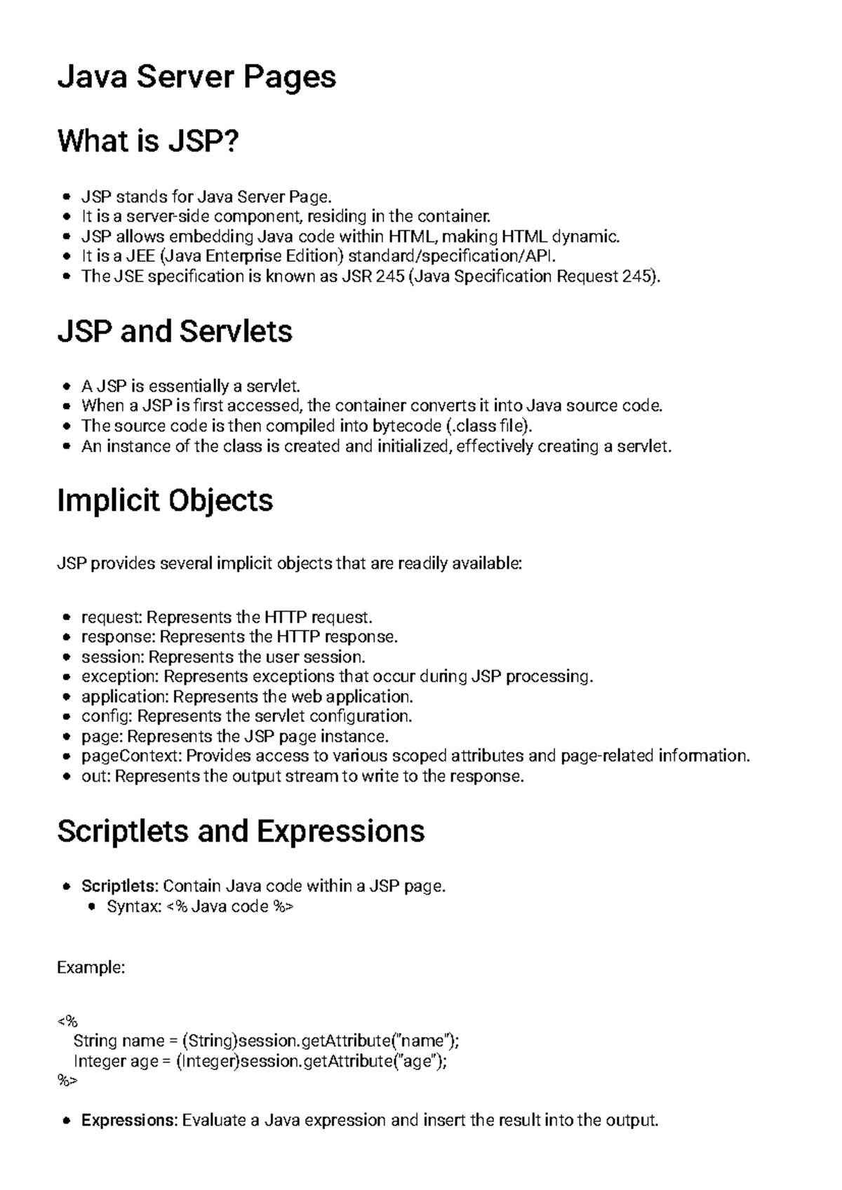 Introduction to Java Server Pages (JSP) - Study Guide - Studocu