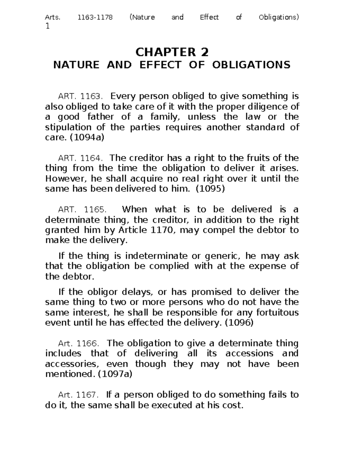 2 Arts - Obligations Notes on Articles 1163-1178 Summary - Studocu