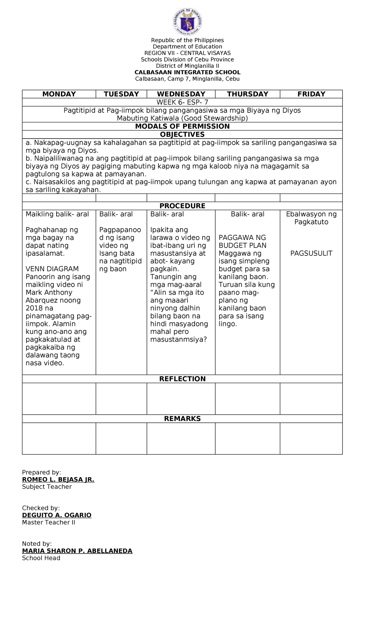 DLL - WK7 - ESP 7 - Pagtitipid at Mabuting Katiwala - Studocu