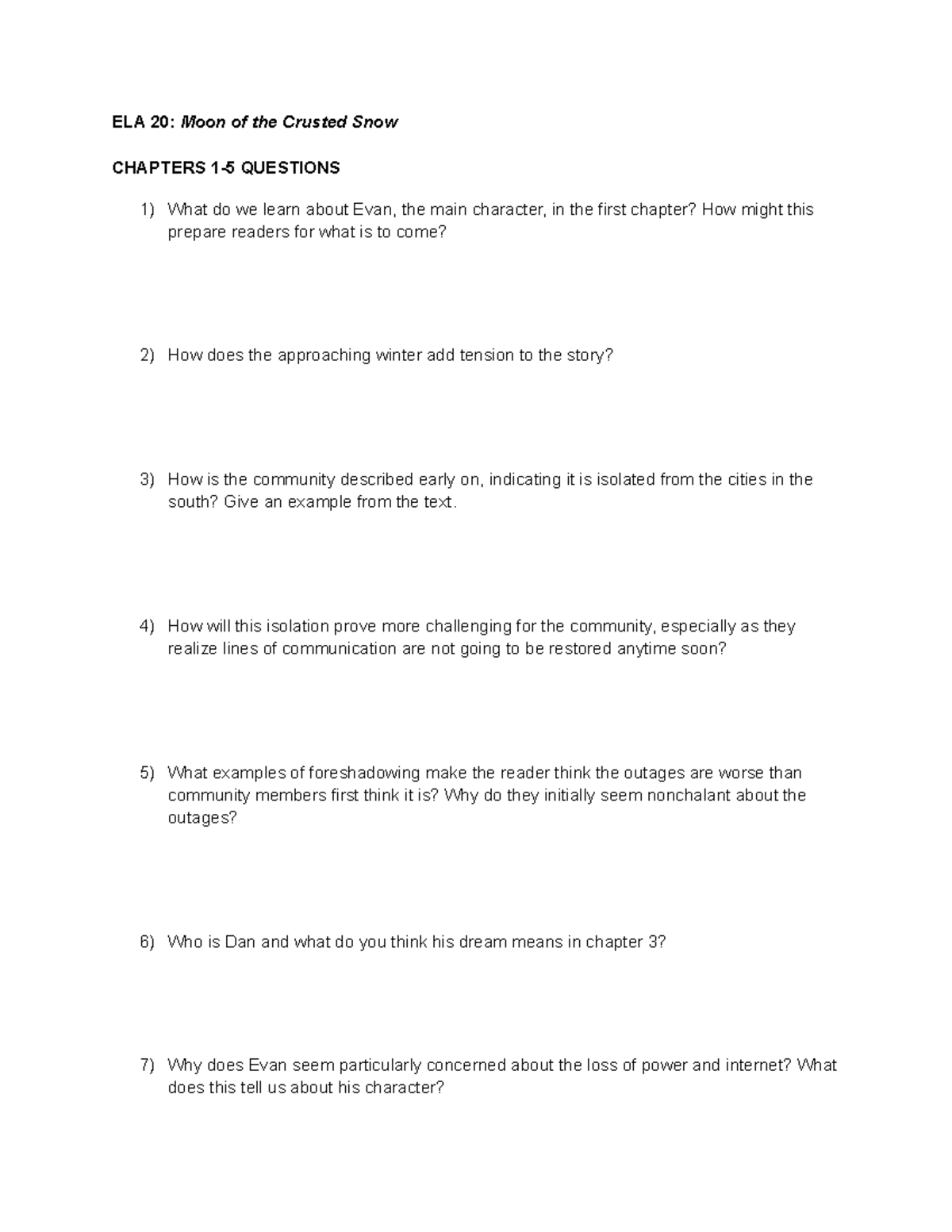 MCS ELA 20: Questions on Moon of the Crusted Snow (Ch. 1-5) - Studocu