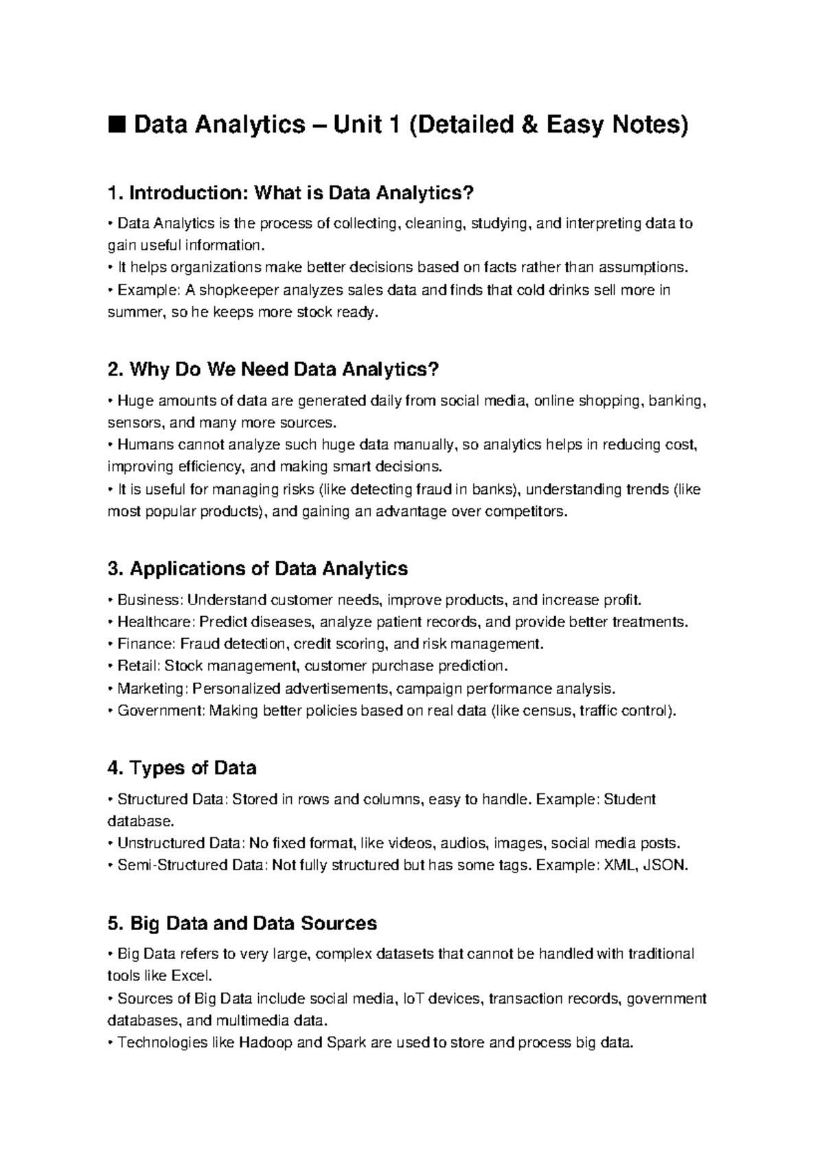 Data Analytics Unit 1: Comprehensive Study Notes - Studocu