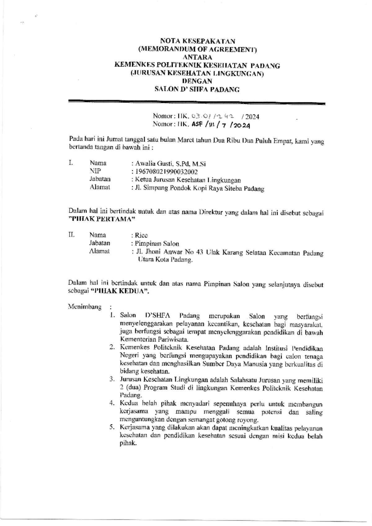 Nota Kesepahaman antara Salon D'SHFA Padang dan Kemenkes Politeknik ...