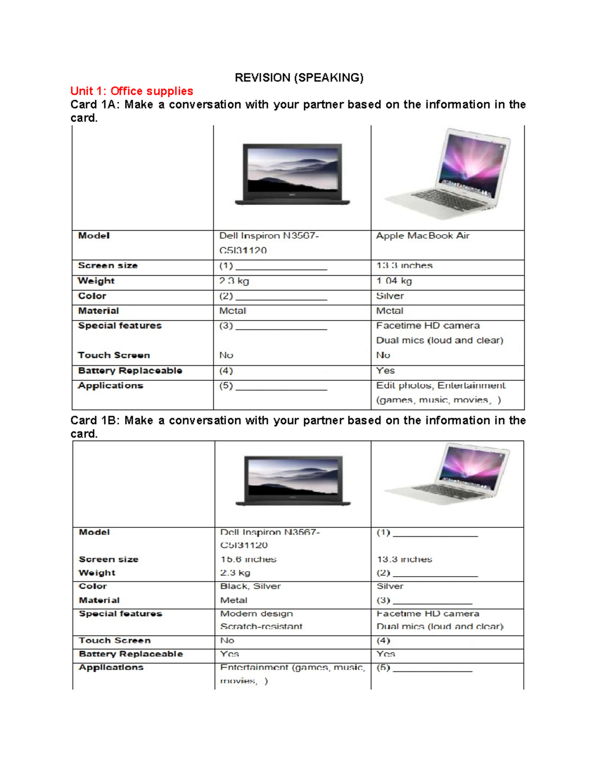 Revision (speaking)-tacb3 - REVISION (SPEAKING) Unit 1: Office supplies ...