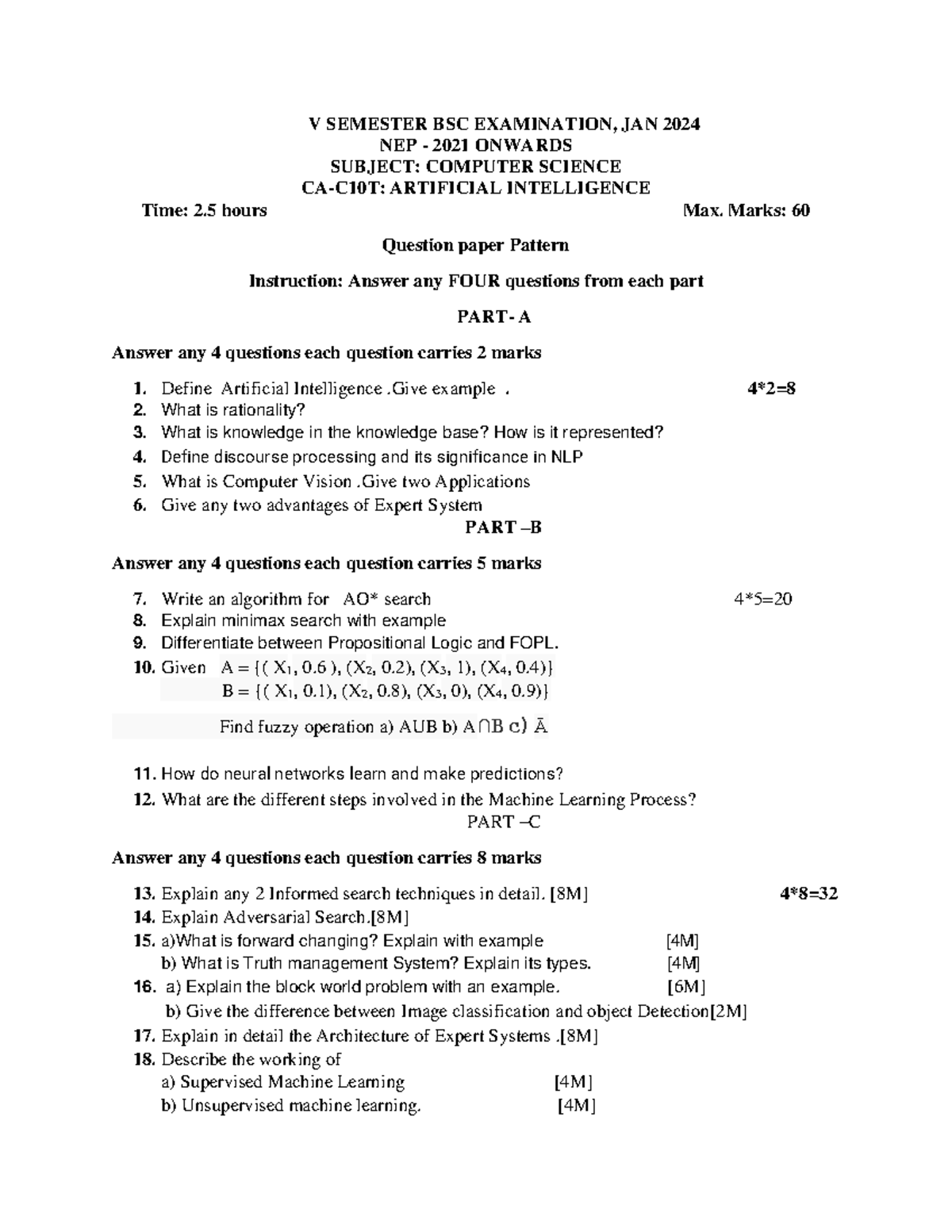 BSc V Semester Exam AI Model Paper CA-C10T Jan 2024 - Studocu