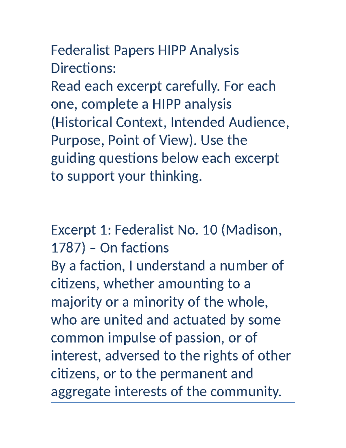 Federalist Papers HIPP Analysis: Understanding Key Arguments - Studocu