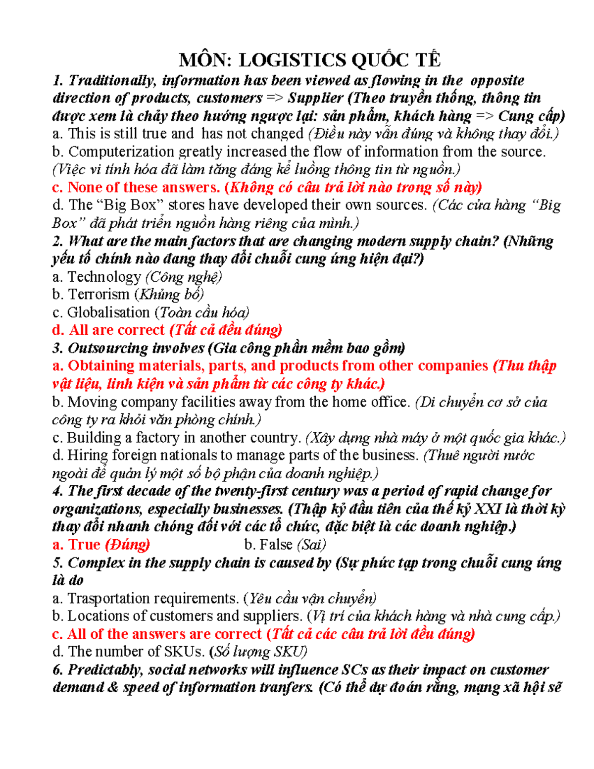 LOGISTICS QUỐC TẾ 1: CAU HOI - TRA LOI Notes - Studocu