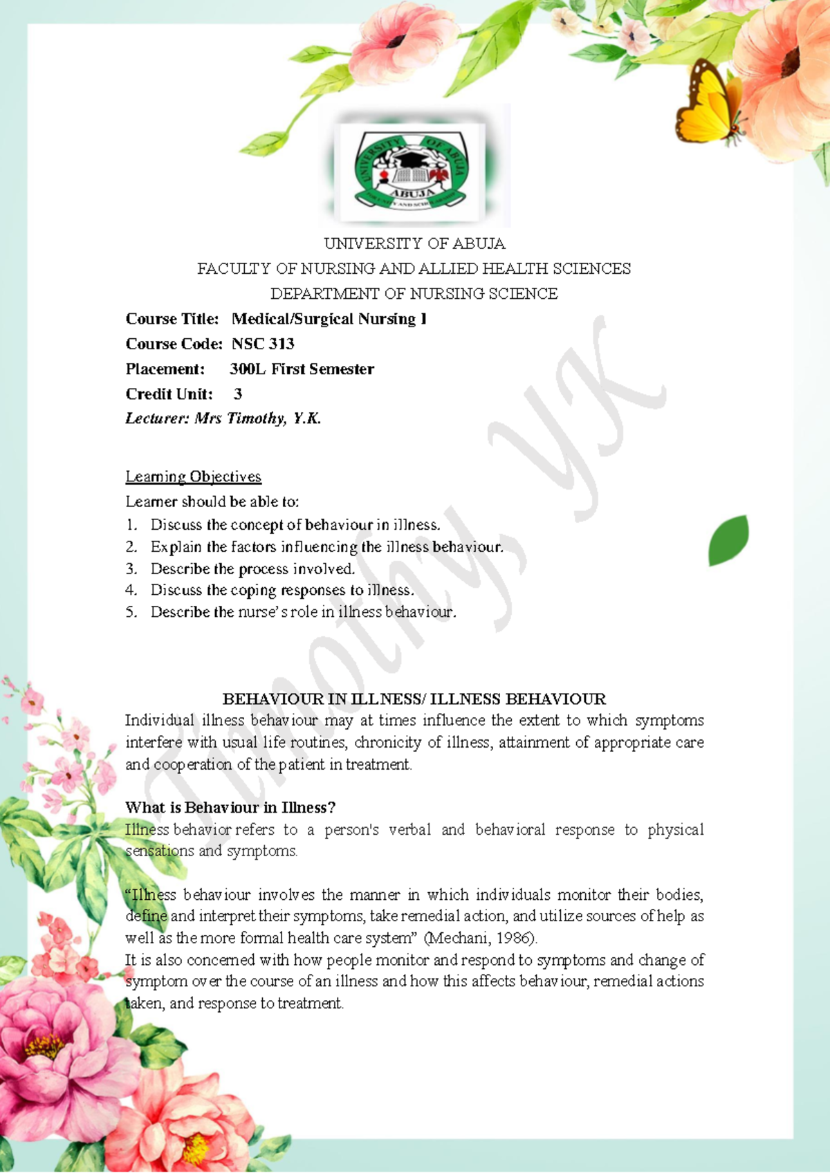 NSC 313: Behaviour in Illness - Understanding Patient Responses - Studocu