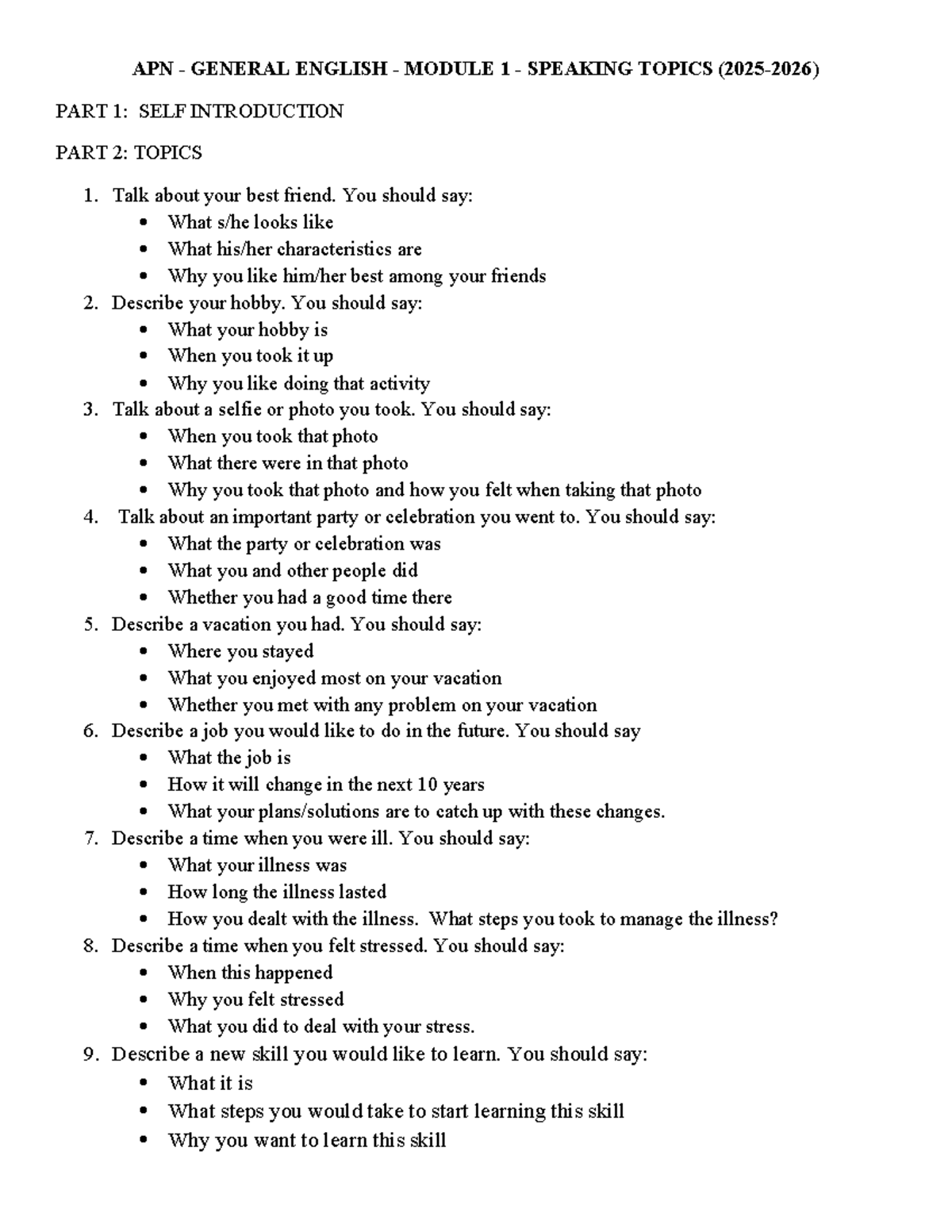 Y1YK - Semester 1 - General English Speaking Topics Guide - Studocu