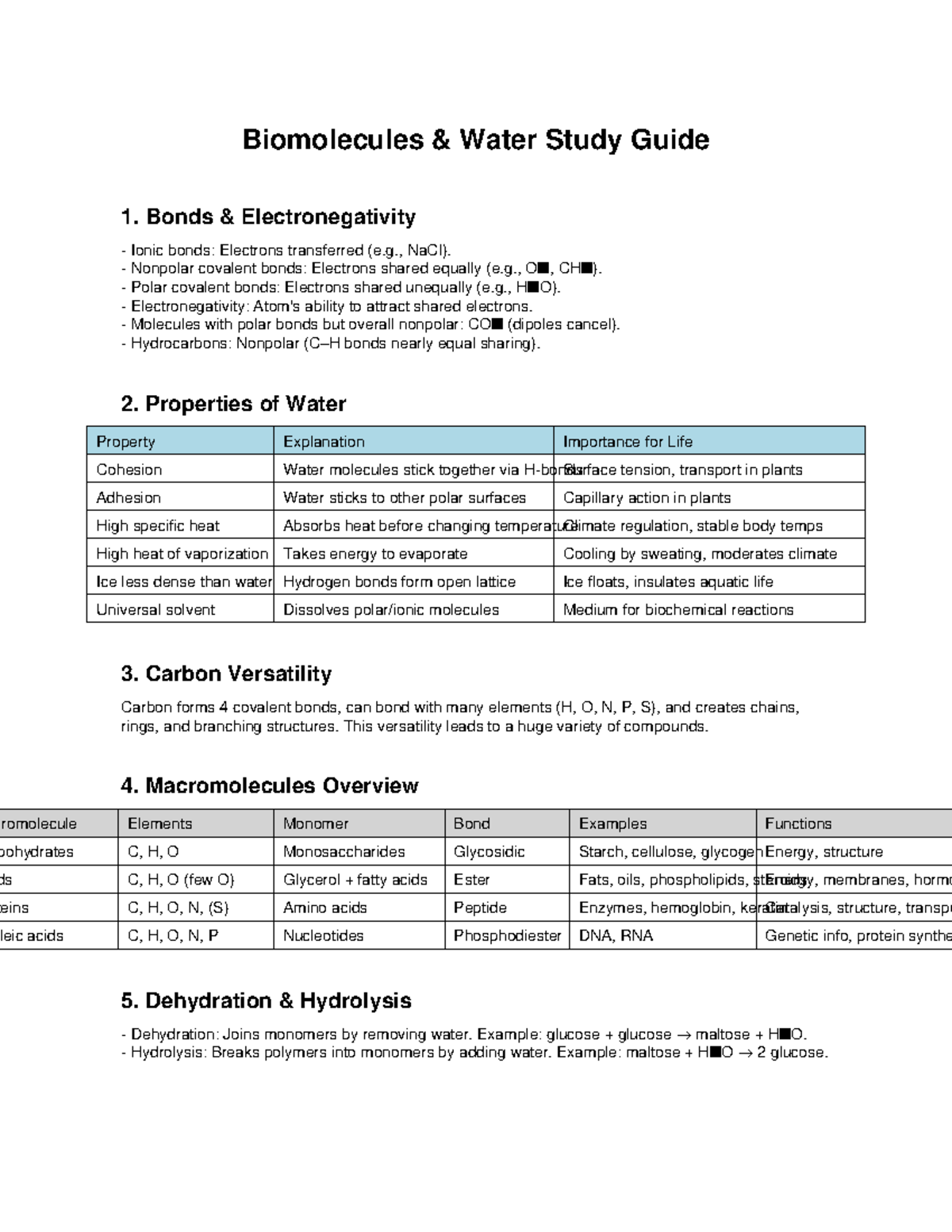 Biomolecules Study Guide: Water, Bonds, and Macromolecules - Studocu