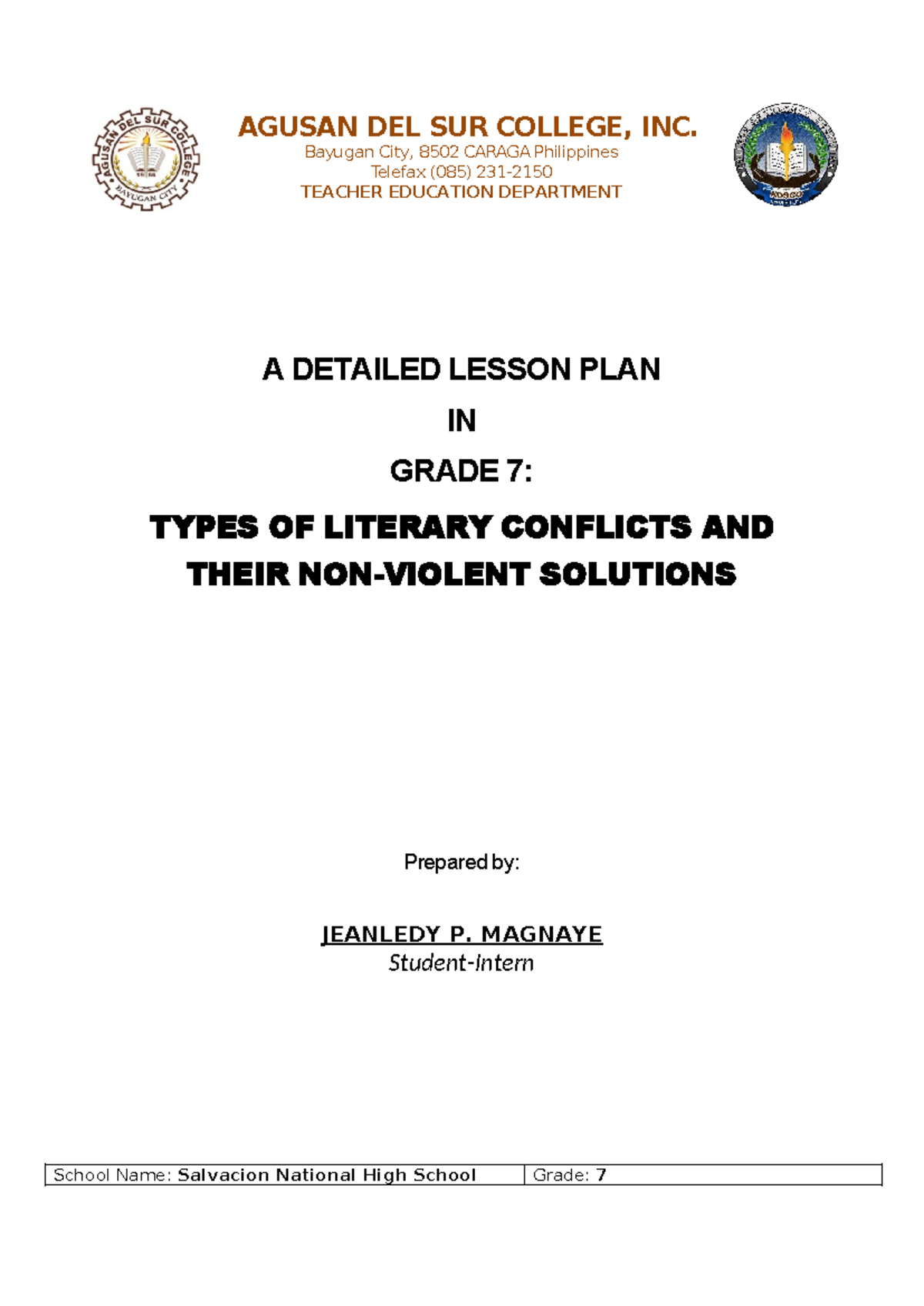 Detailed Lesson Plan: Types of Literary Conflicts & Solutions (Grade 7 ...