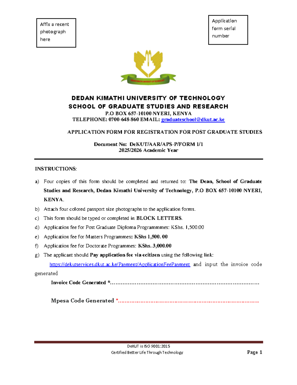 Postgraduate Application Form - DeKUT 2023 - Studocu