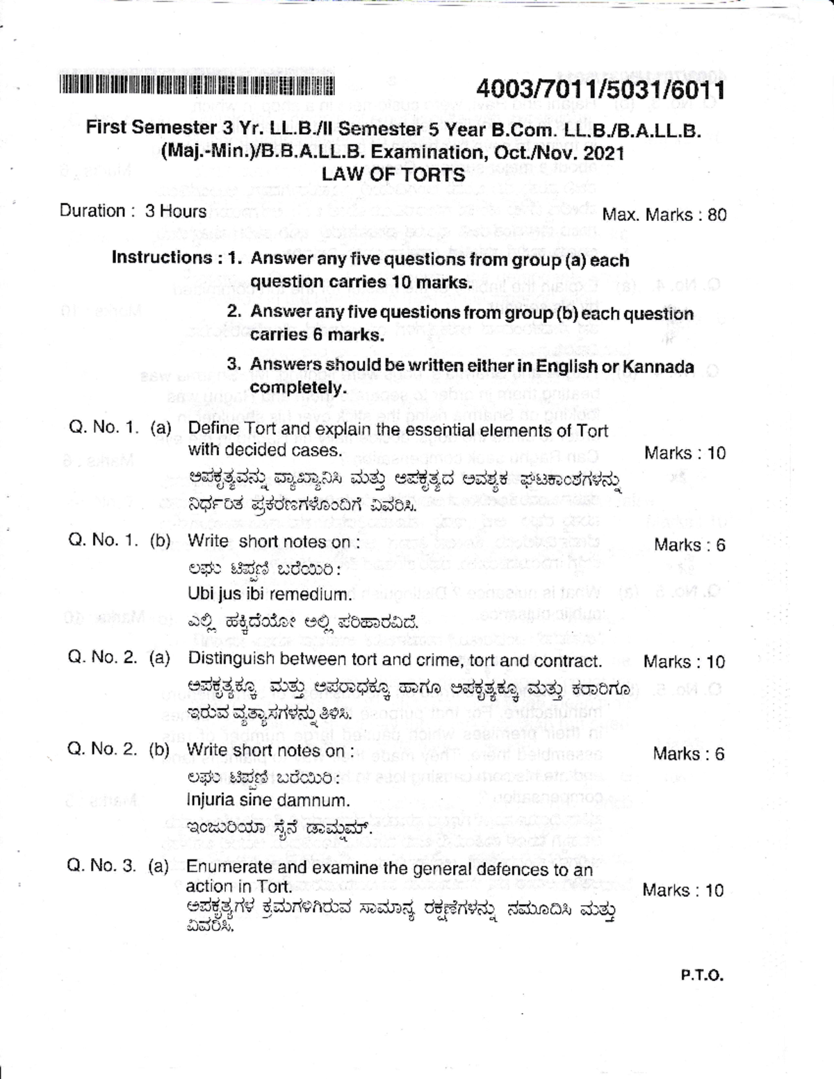 LAW OF TORTS - LL.B. Exam Oct/Nov 2021 - Key Questions & Answers - Studocu