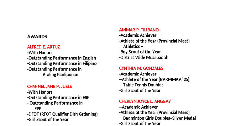 2025 Awardees: Honors and Achievements Overview - Studocu