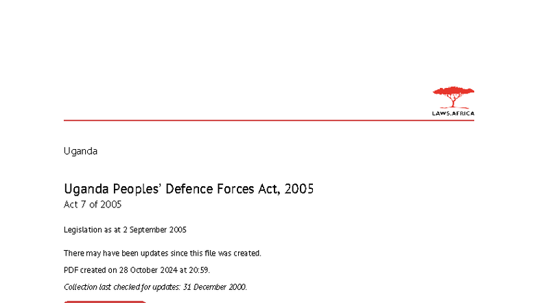 UPDF - Uganda Peoples’ Defence Forces Act, 2005 (Act 7 of 2005) - Studocu
