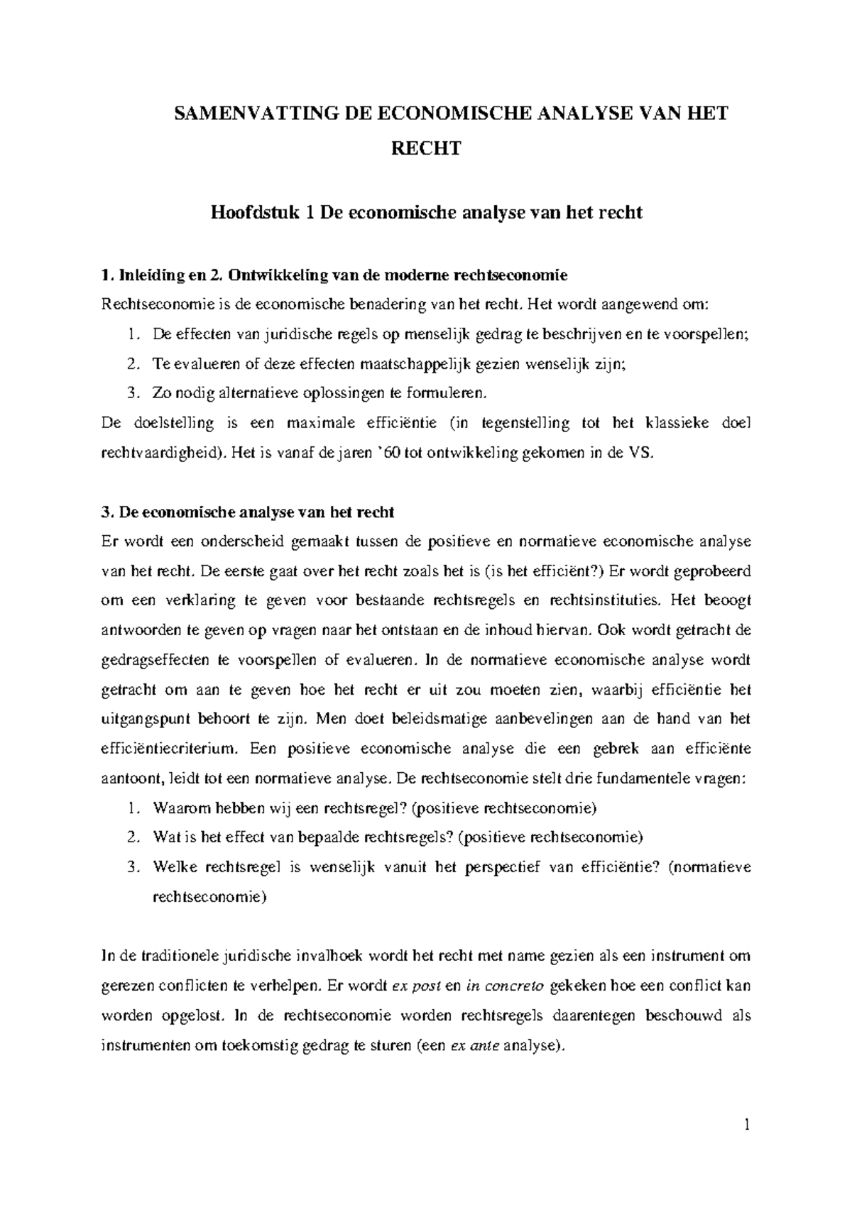 Samenvatting Economische Analyse van het Recht - Hoofdstuk 1-3 ...