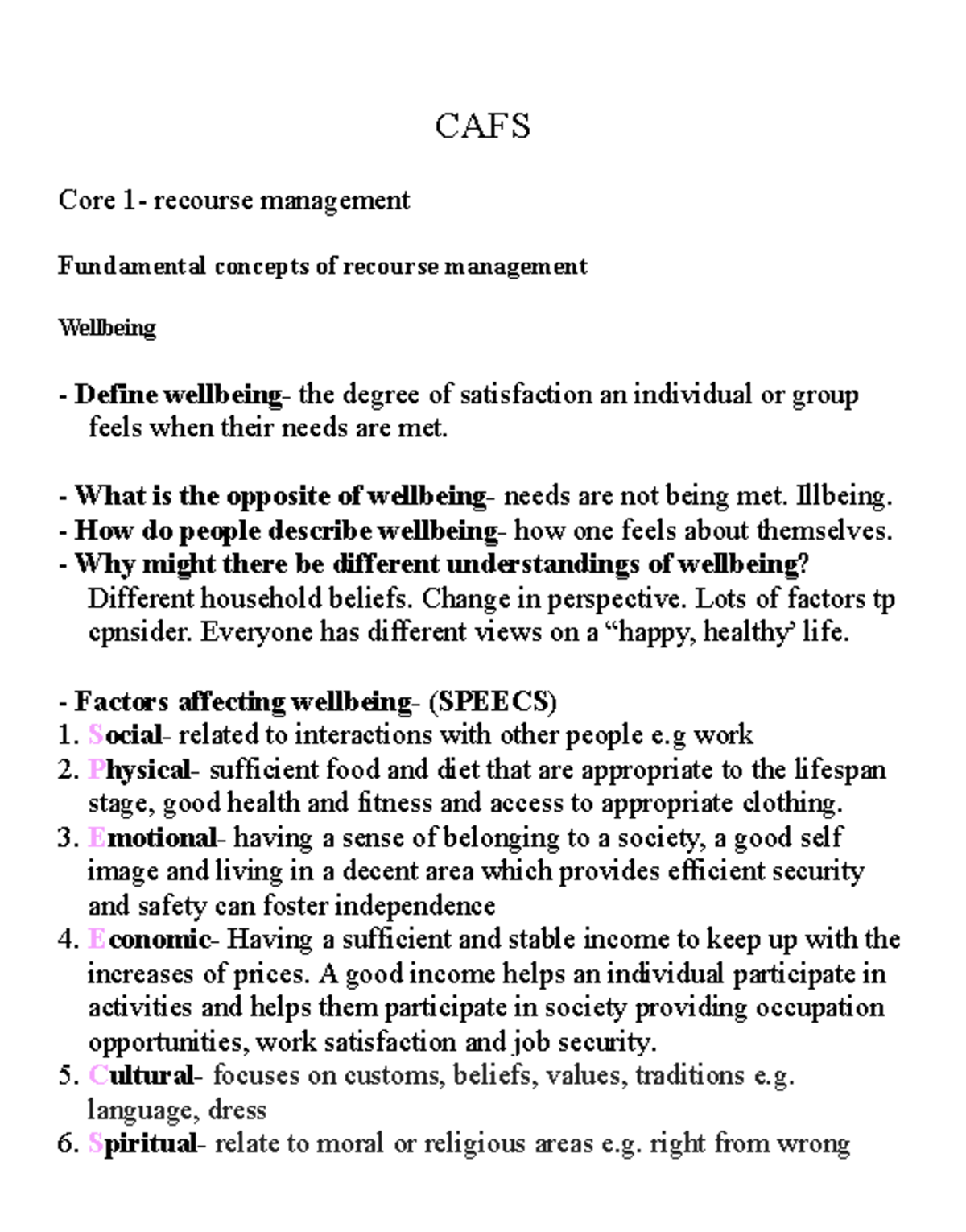 CAFS- Core 1 - Resource Management and Wellbeing Concepts - Studocu