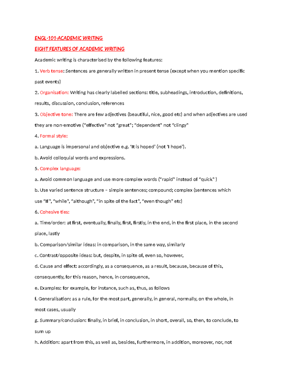 ENGL-101 Final Exam Notes: Eight Features of Academic Writing - Studocu