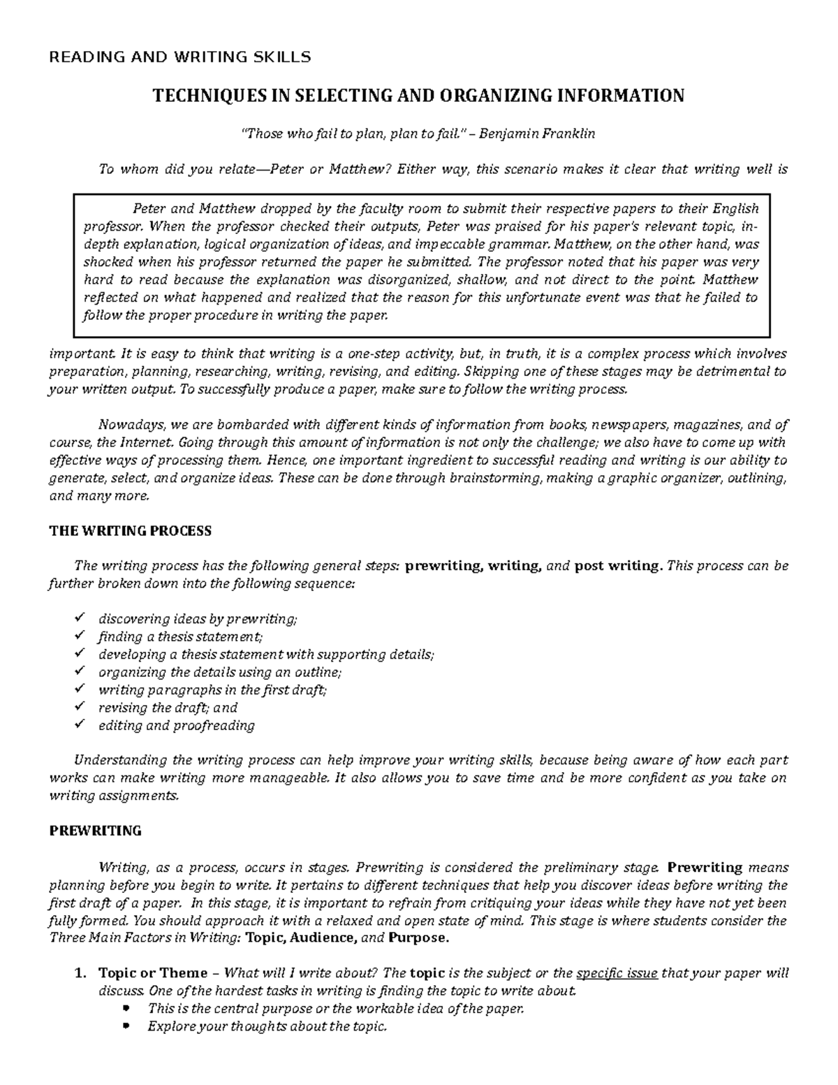 Techniques for Selecting & Organizing Info - Module Notes - Studocu