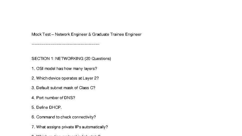Mock Test - Networking, Electronics, Aptitude & English - GTE - Studocu