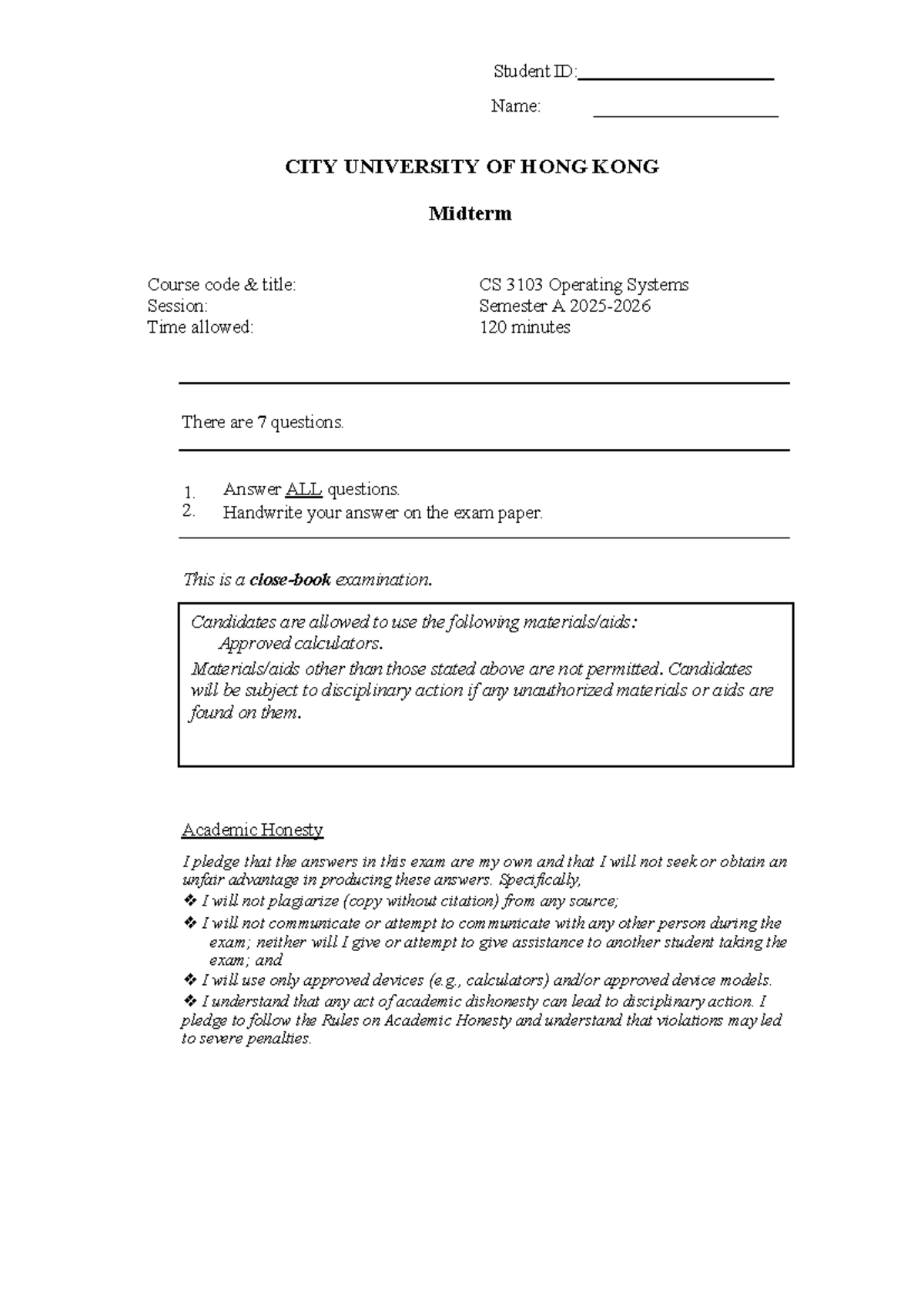 CS3103 Midterm Exam 2025: Operating Systems Answers - Studocu