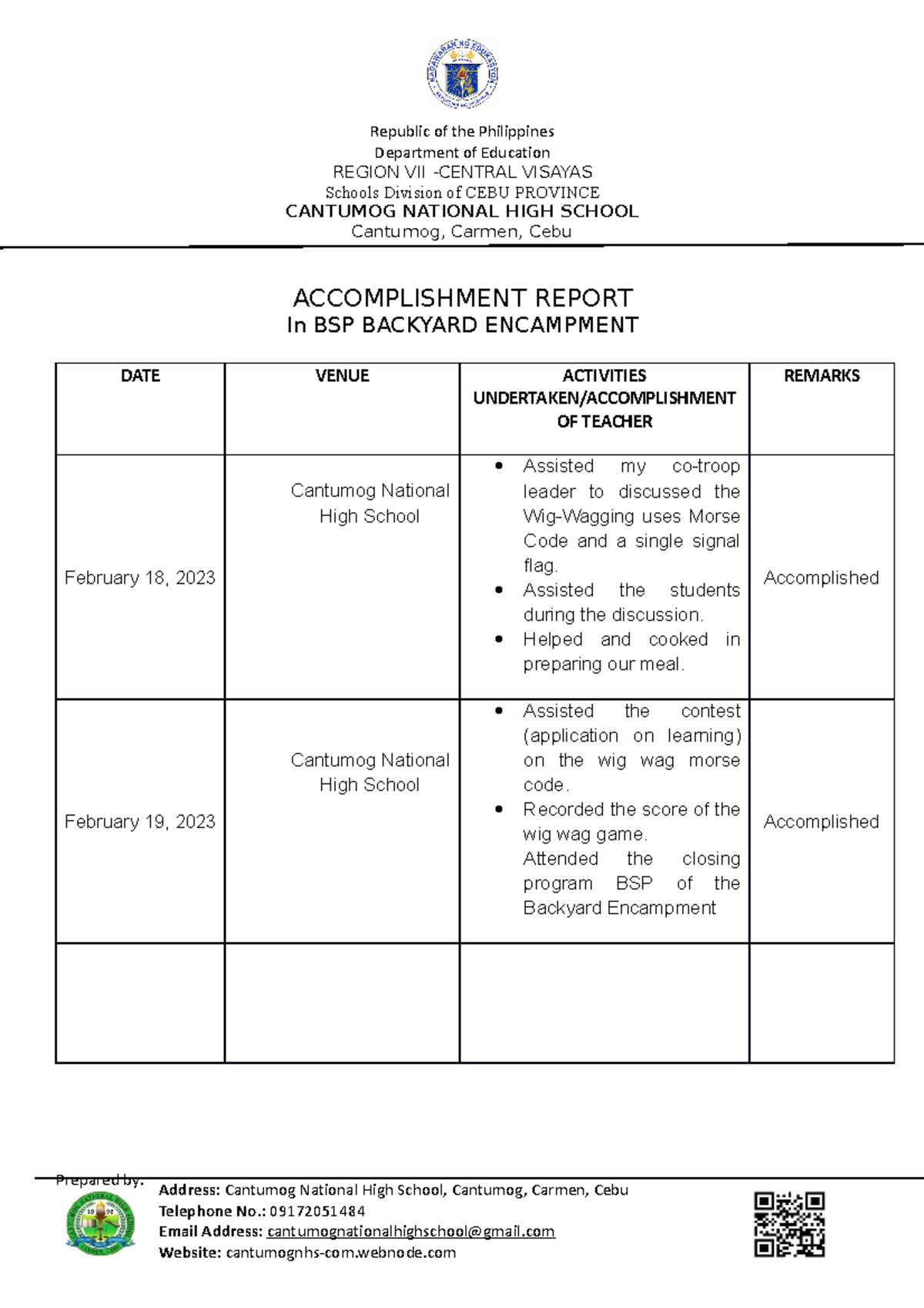 Accomplishment Report: BSP Backyard Encampment Activities - Studocu