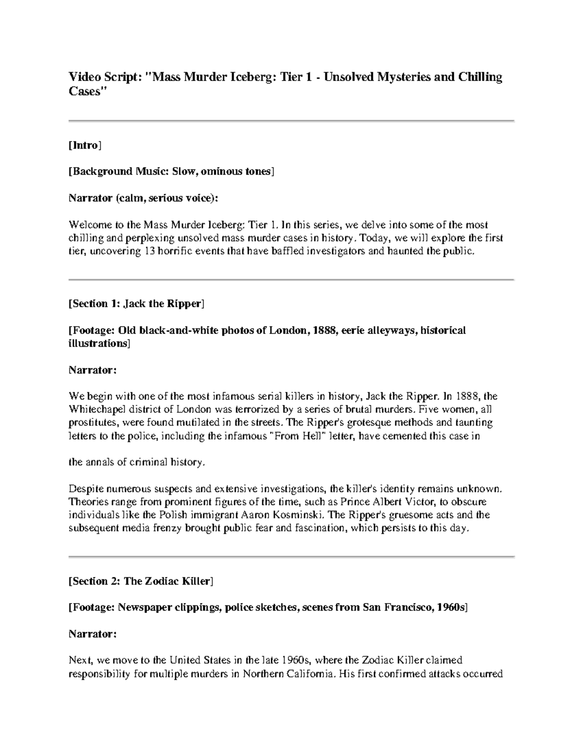 Unsolved Mysteries: Mass Murder Iceberg Tier 1 - Documentary Script ...
