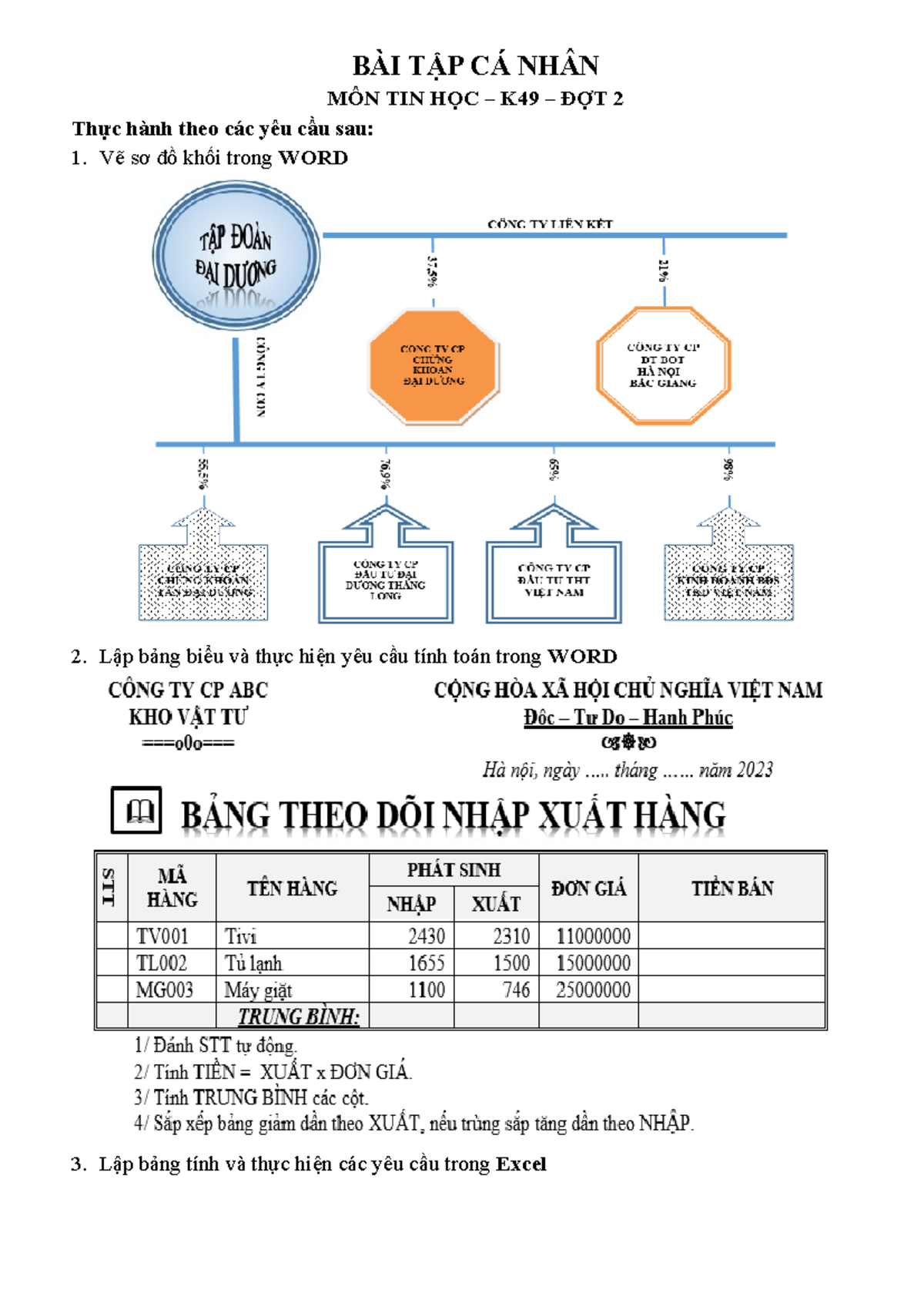 Bài Tập Cá Nhân Môn Tin Học K49 Đợt 2 - Thực Hành Excel, Word ...
