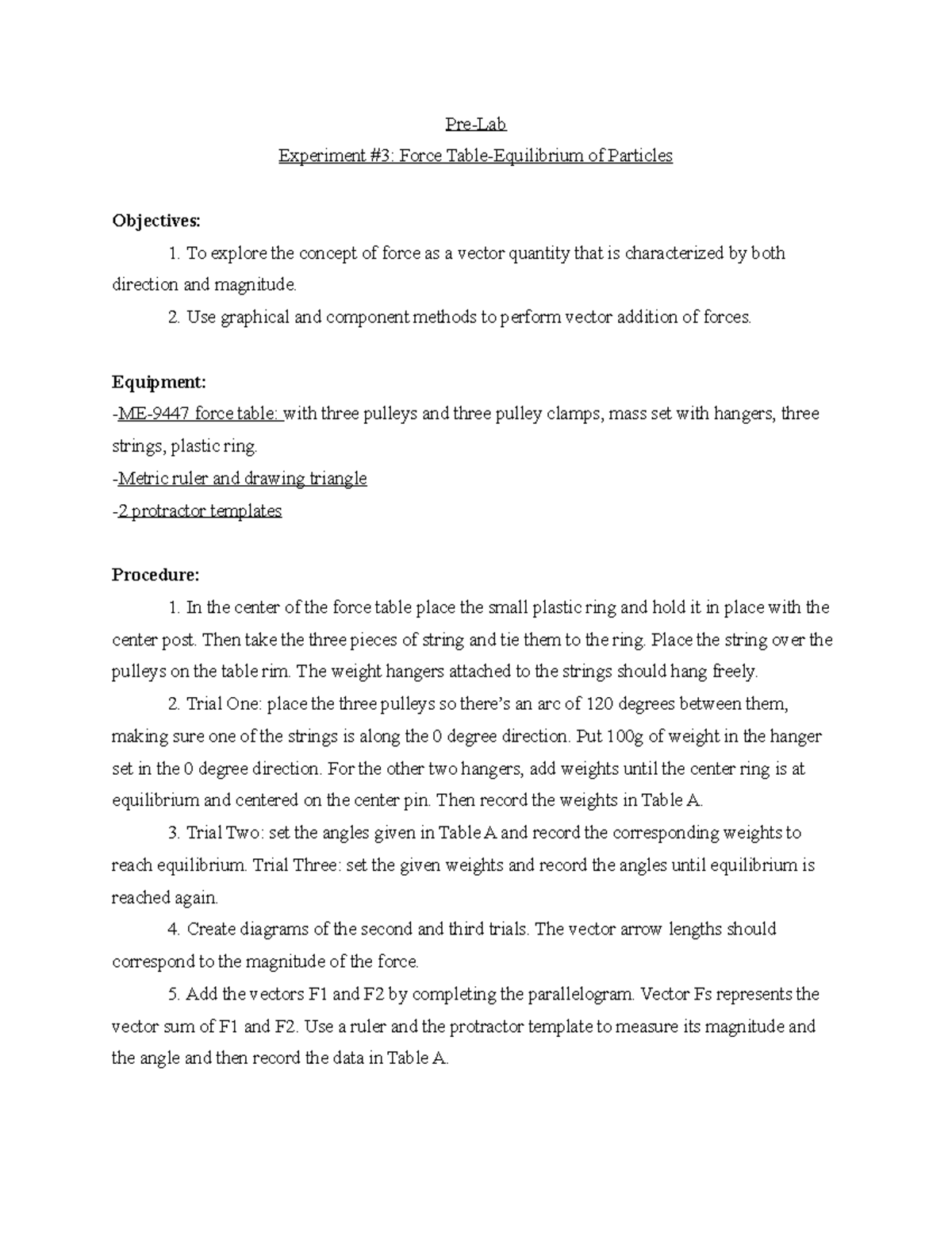 PHY 221 Pre-lab exp 3 - Force Table-Equilibrium of Particles ...