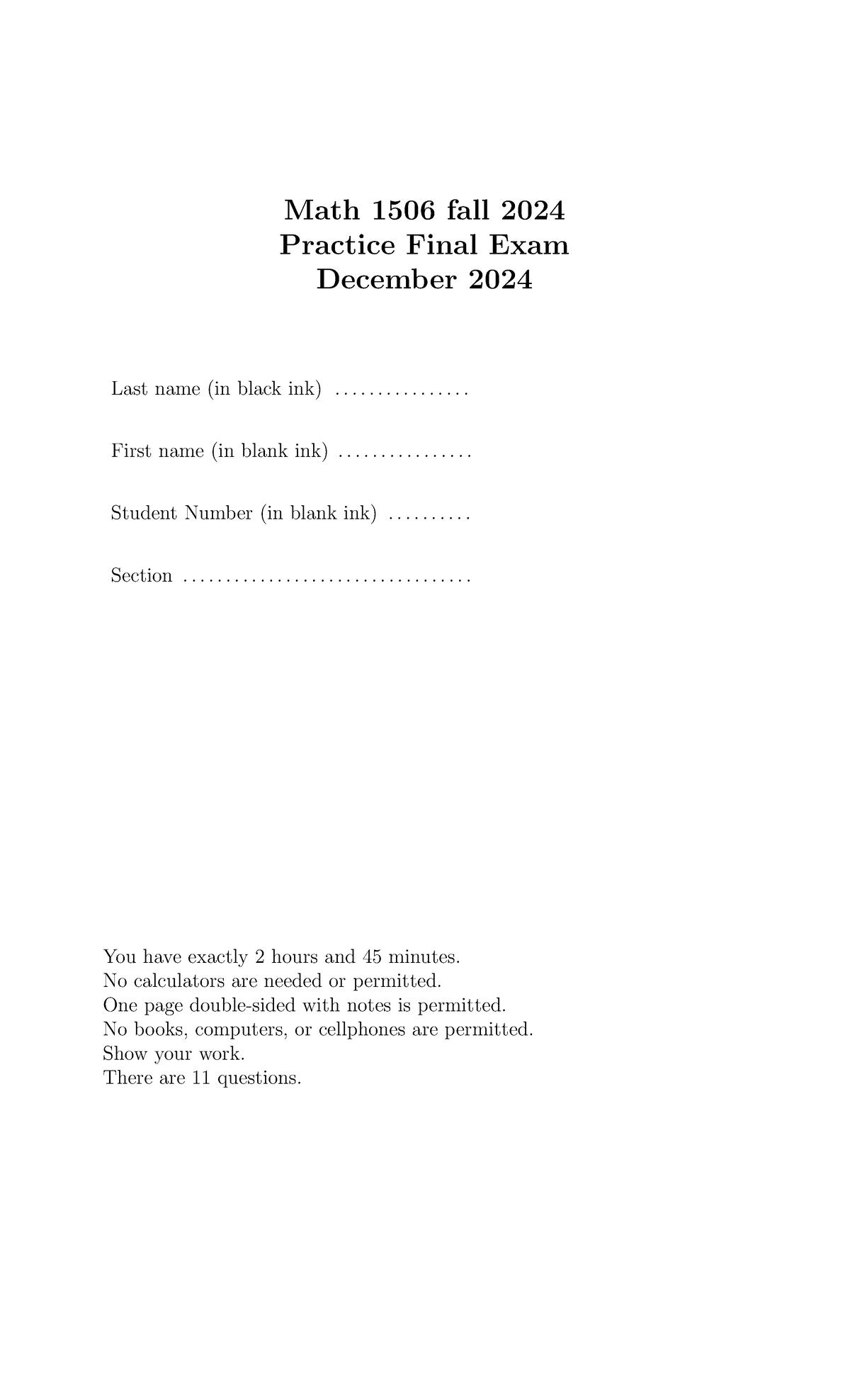 Math 1506 Practice Final Exam Fall 2024 - All Sections Details - Studocu