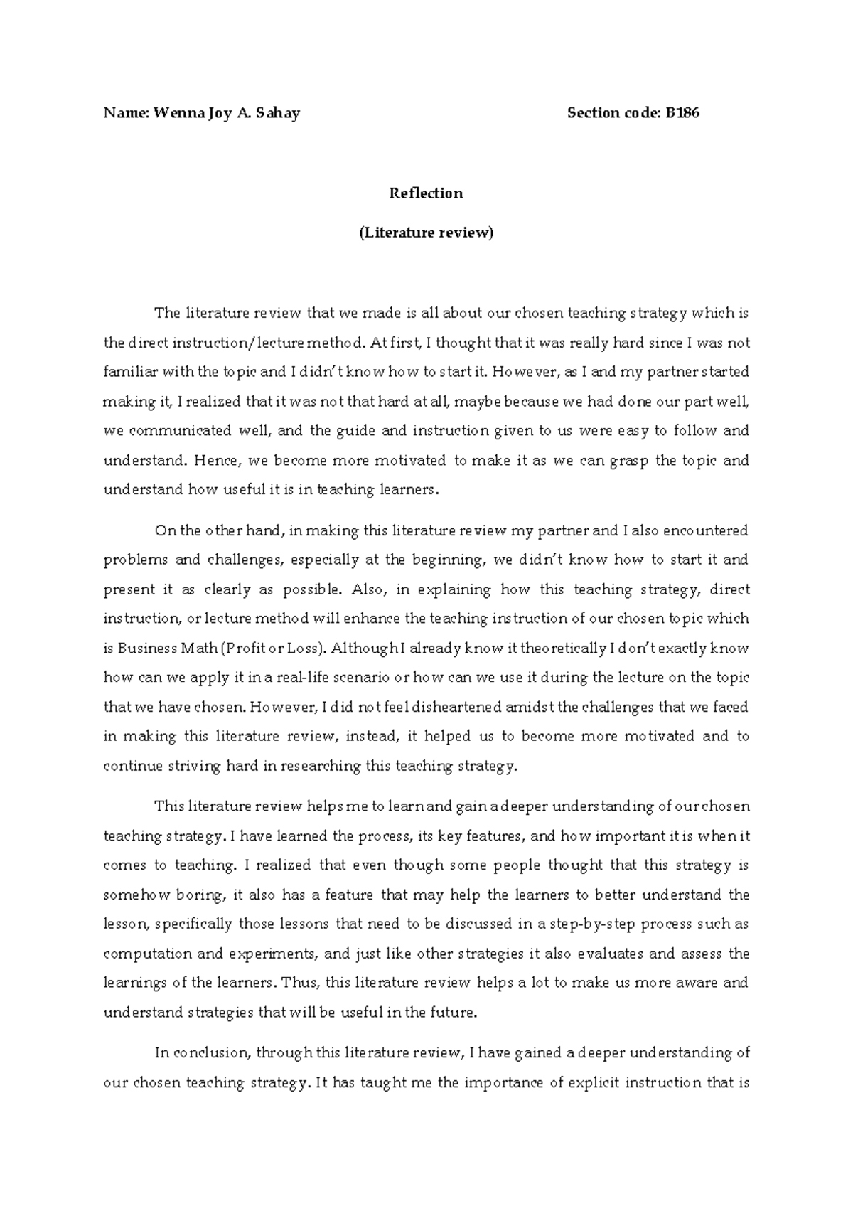 Reflection - Name: Wenna Joy A. Sahay Section code: B Reflection ...