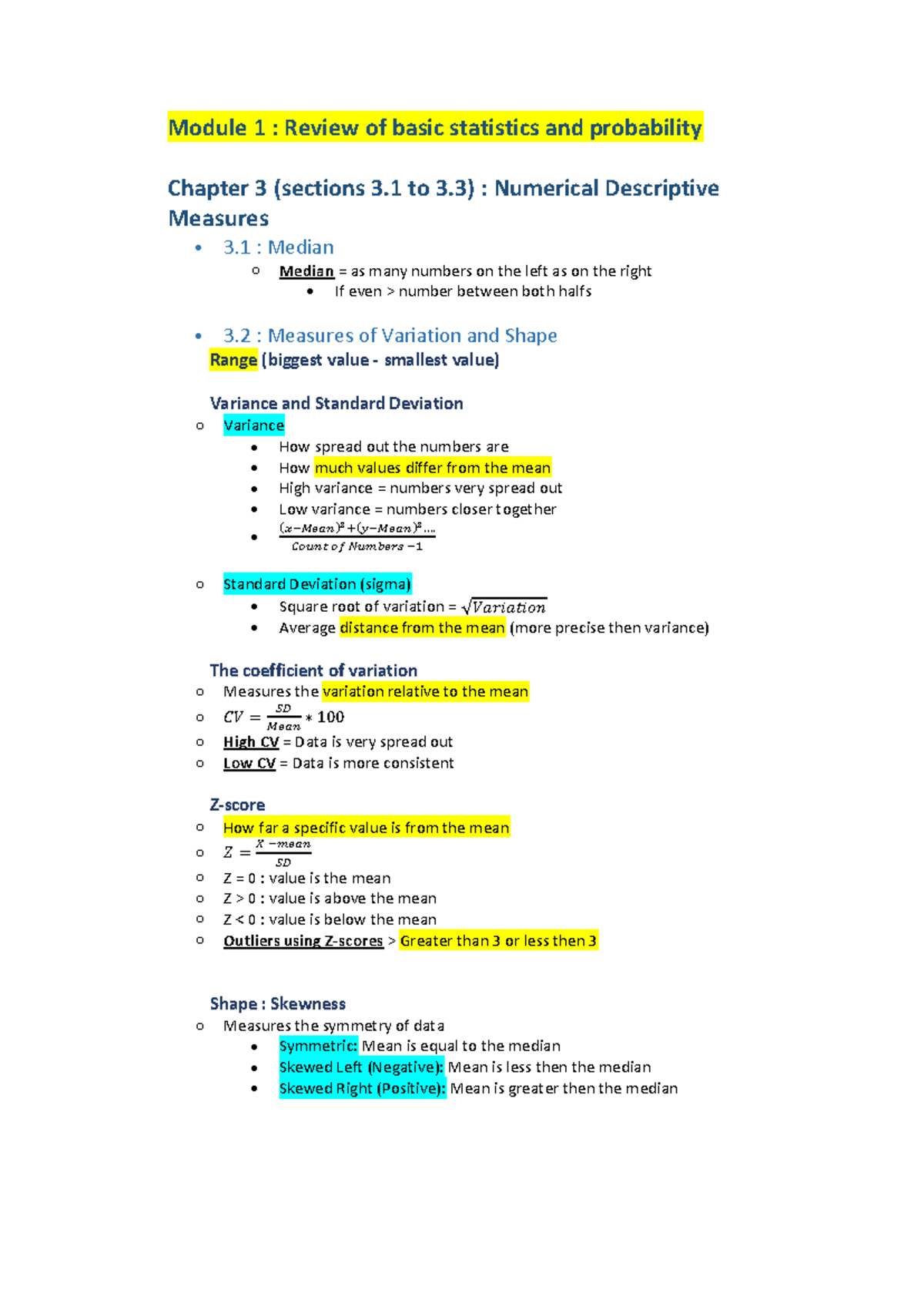 Module 1: Basic Stats & Probability Review - Numerical Measures ...